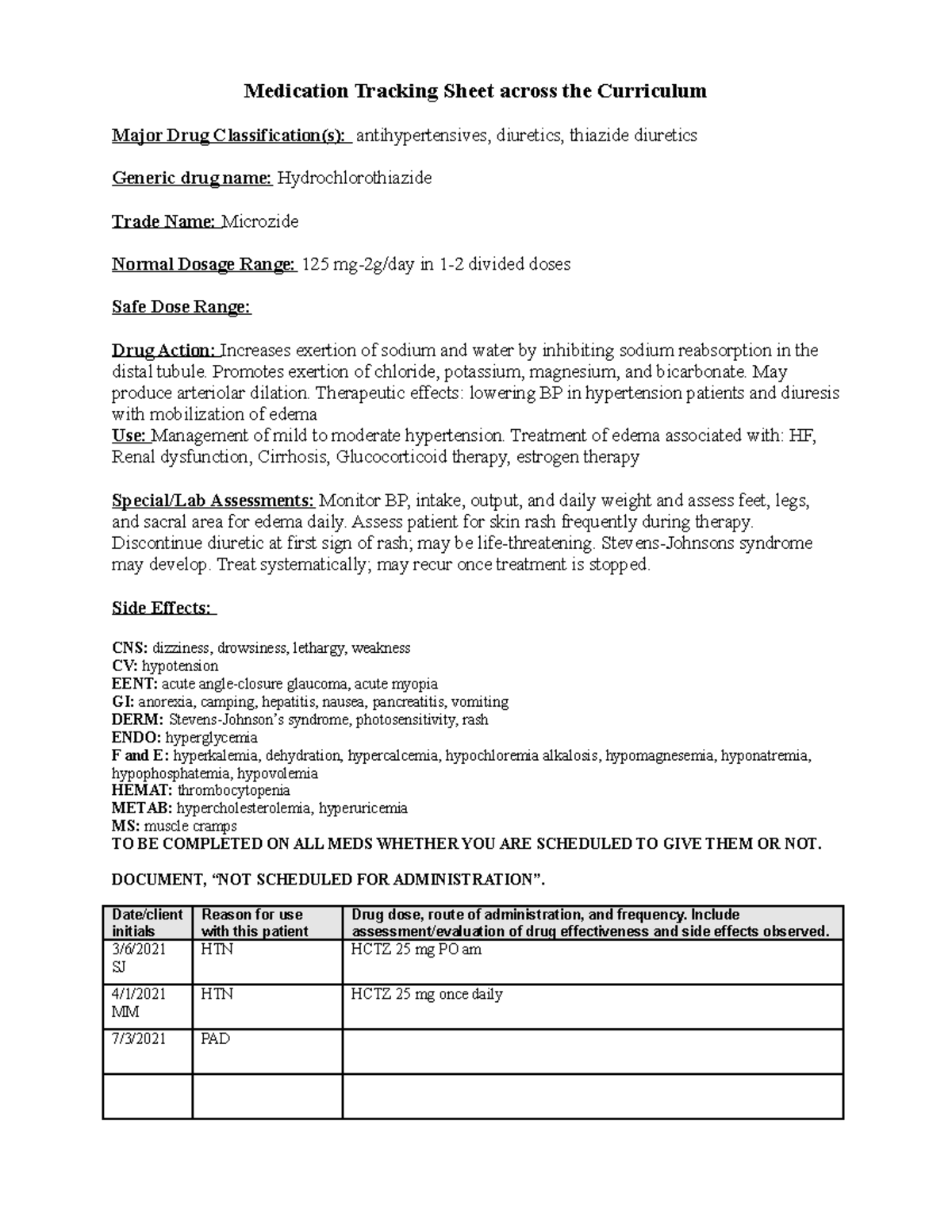 HCTZ - Medication Tracking Sheet across the Curriculum Major Drug ...