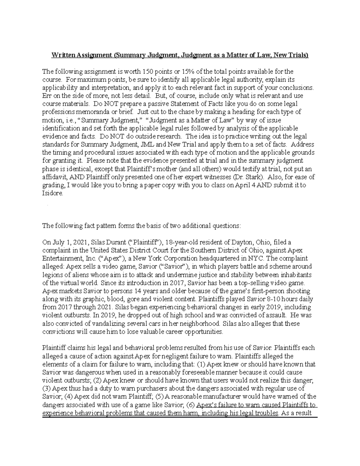 Summary judgment and JML Problem - Written Assignment (Summary Judgment ...