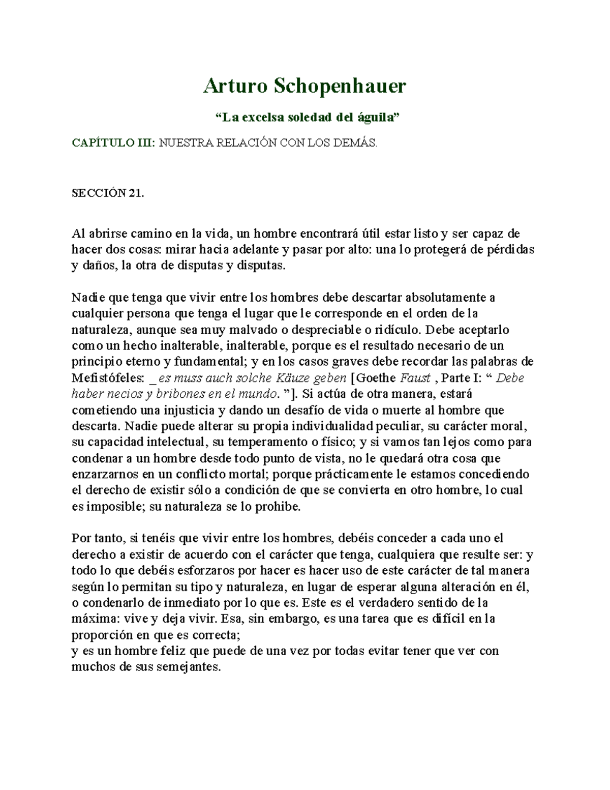 Schopenhauer-The Eagle's Lofty Solitude - Arturo Schopenhauer “La ...