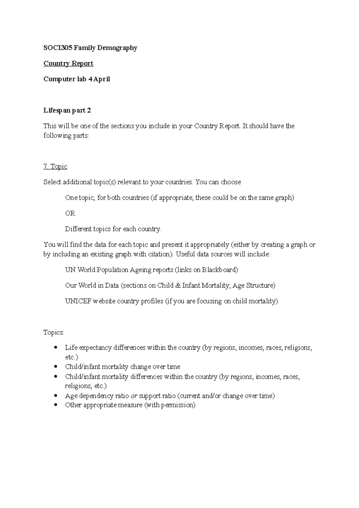 SOCI305 2023 Country Report Lifespan Part 2 - SOCI305 Family Demography ...