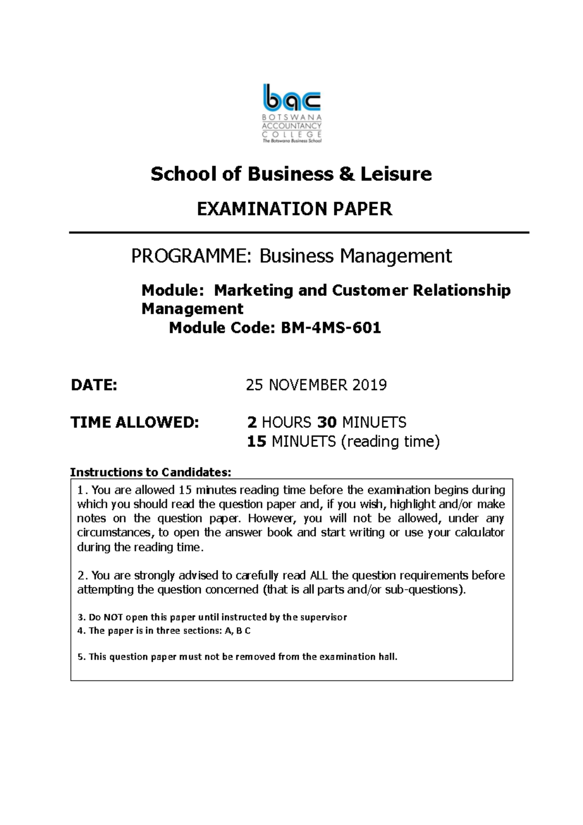 MCR EXAM 2019 - mcr revision paper - School of Business & Leisure EXAMINATION PAPER PROGRAMME ...