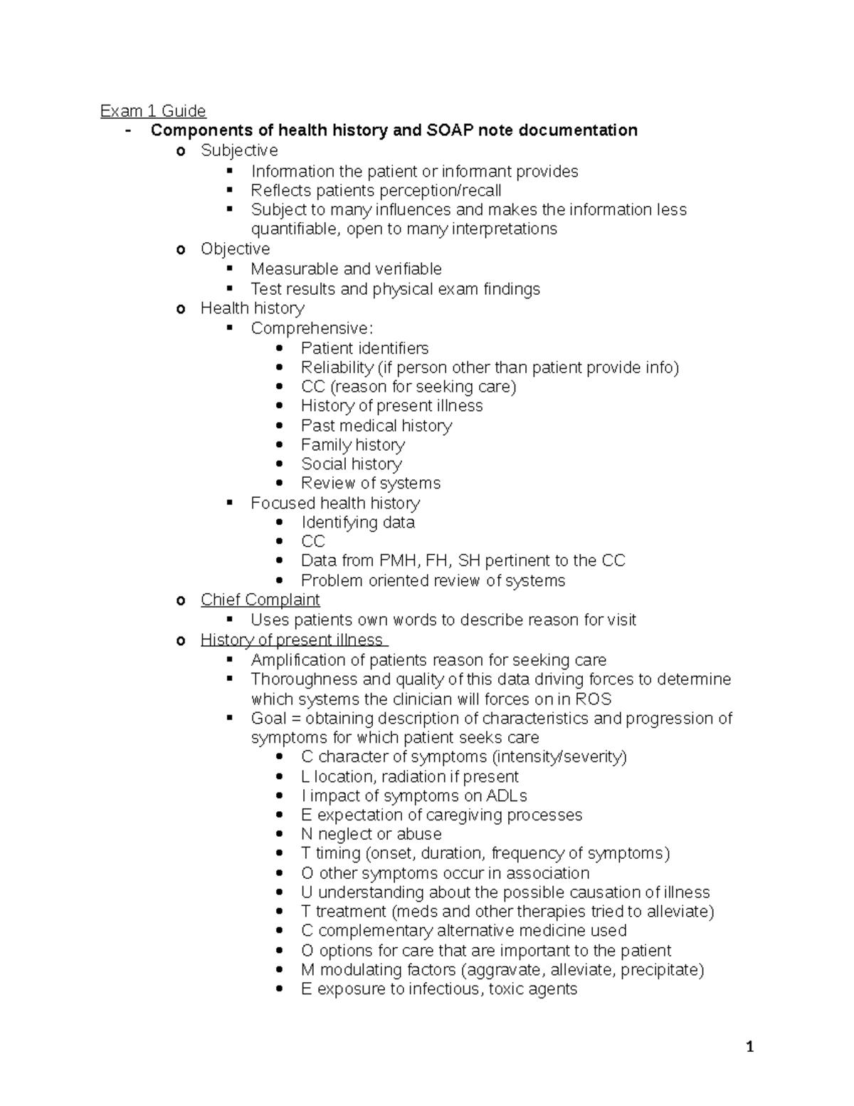 PDF TO WORD - assignment - Exam 1 Guide - Components of health history ...