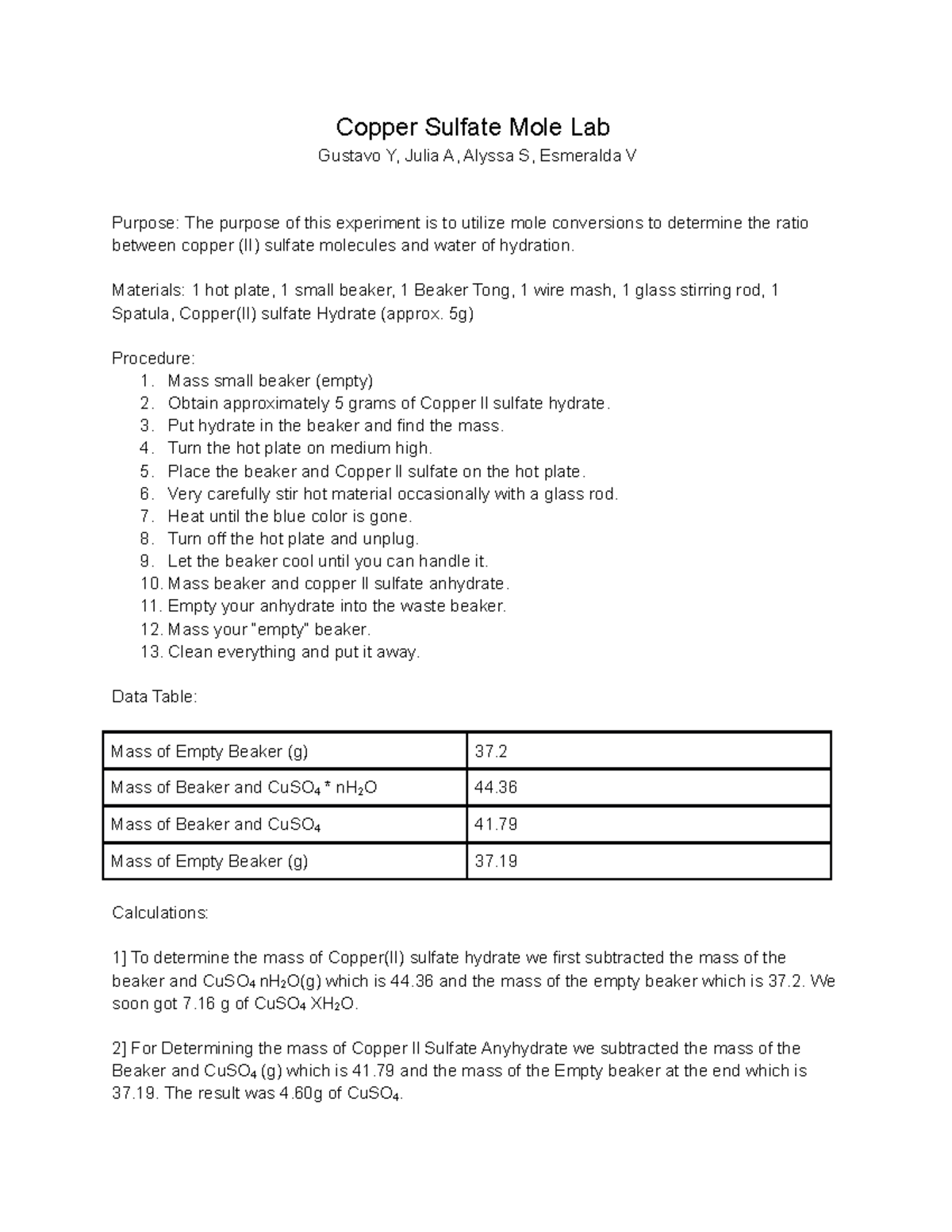 Copy of Copper Sulfate mole lab - Copper Sulfate Mole Lab Gustavo Y ...