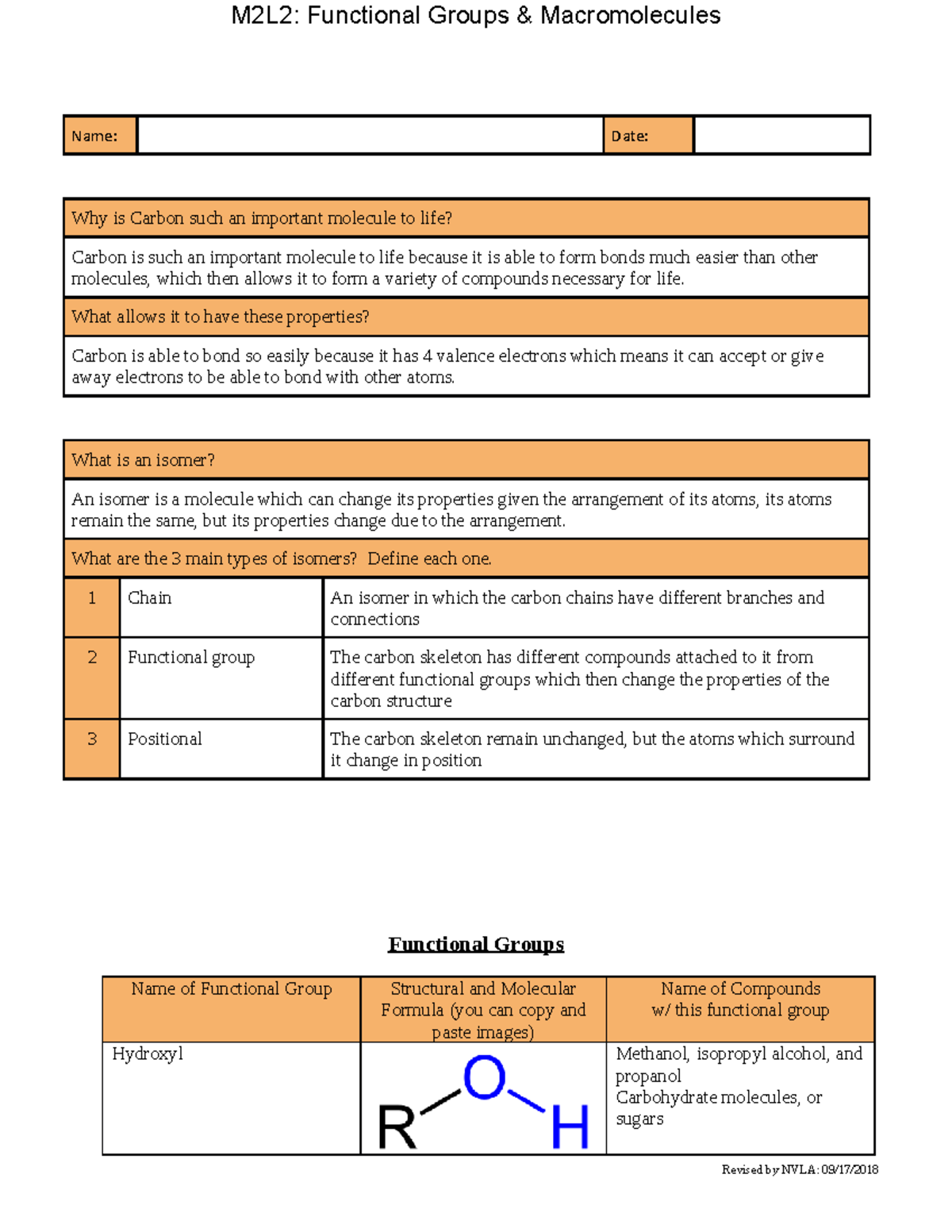 M2 L2 - Functional Groups and Macromolecules - Name:Date: Why is Carbon ...