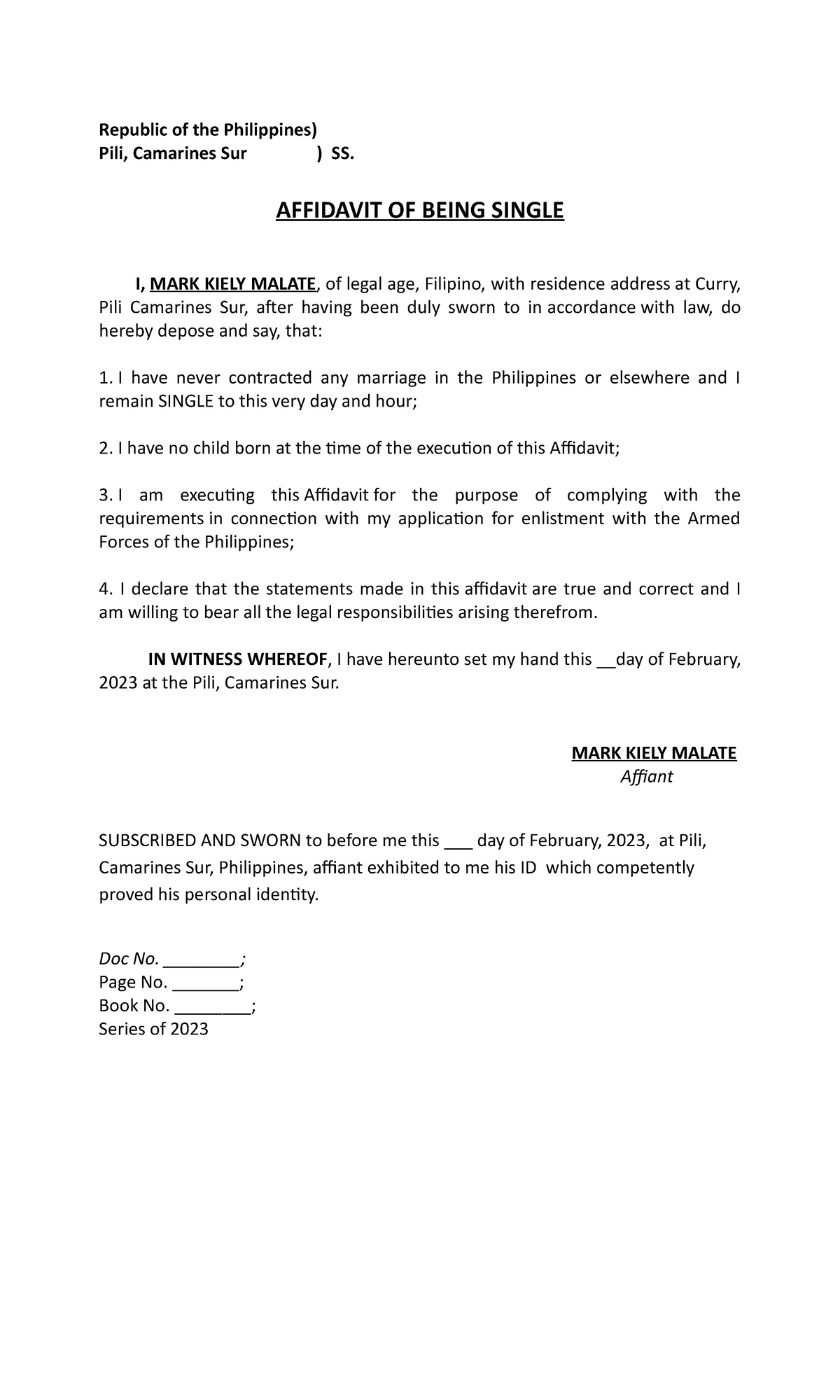 Affidavit of being single - Republic of the Philippines) Pili ...
