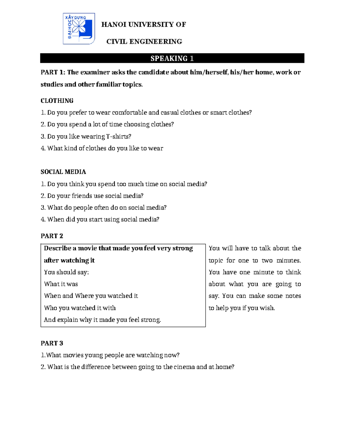 Speaking midterm 2- HP 5 (NEW) - CIVIL ENGINEERING SPEAKING 1 PART 1 ...
