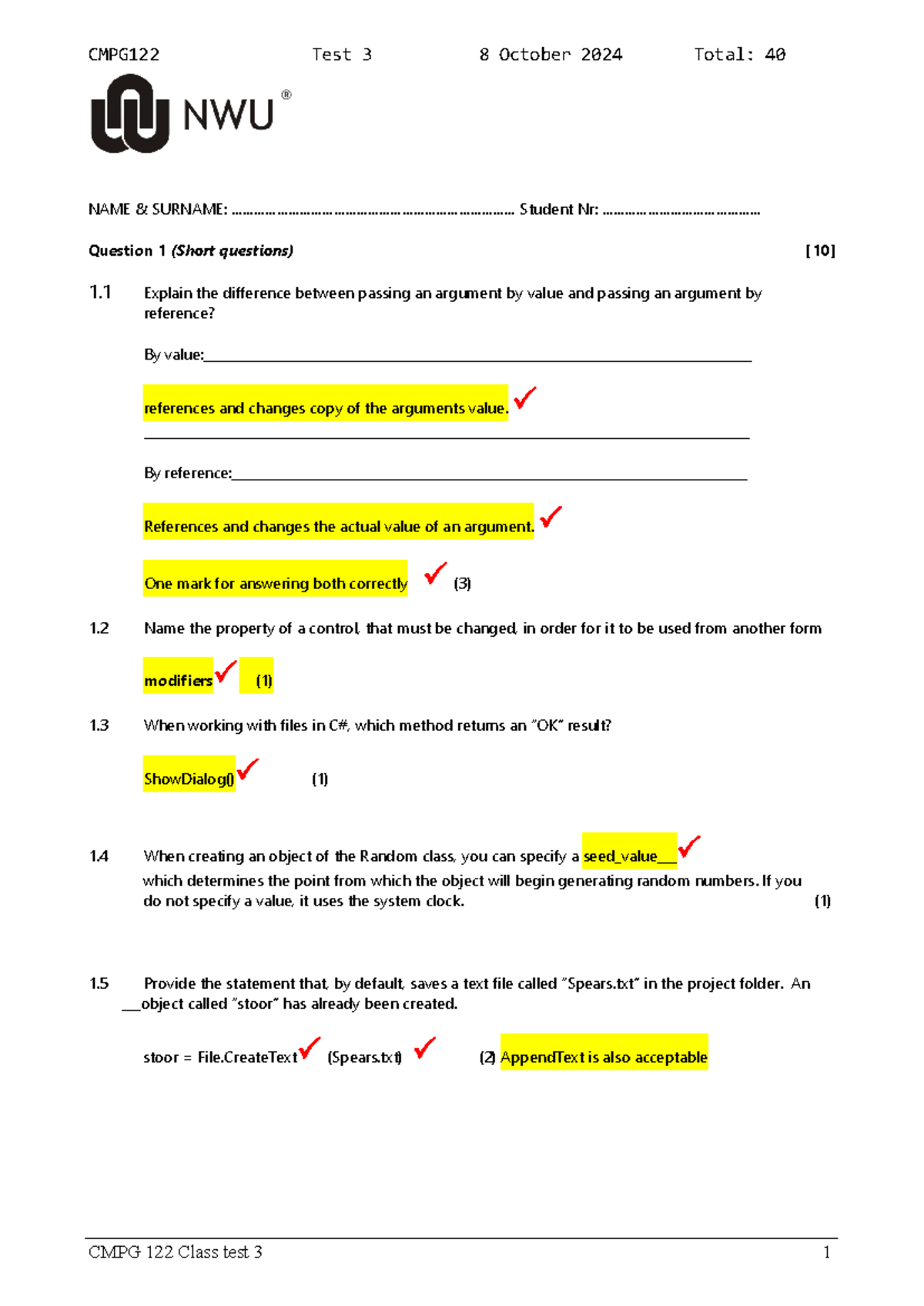 CMPG122 Test 3 Memo - CMPG122 Test 3 8 October 2024 Total: 40 NAME ...