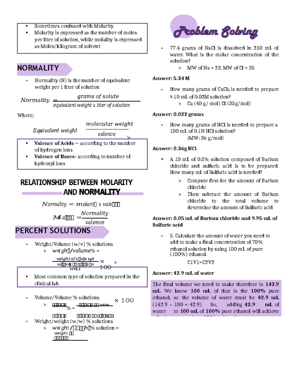 Normality Analytical Chemistry Part 2 Summary - Normality (N) is the ...