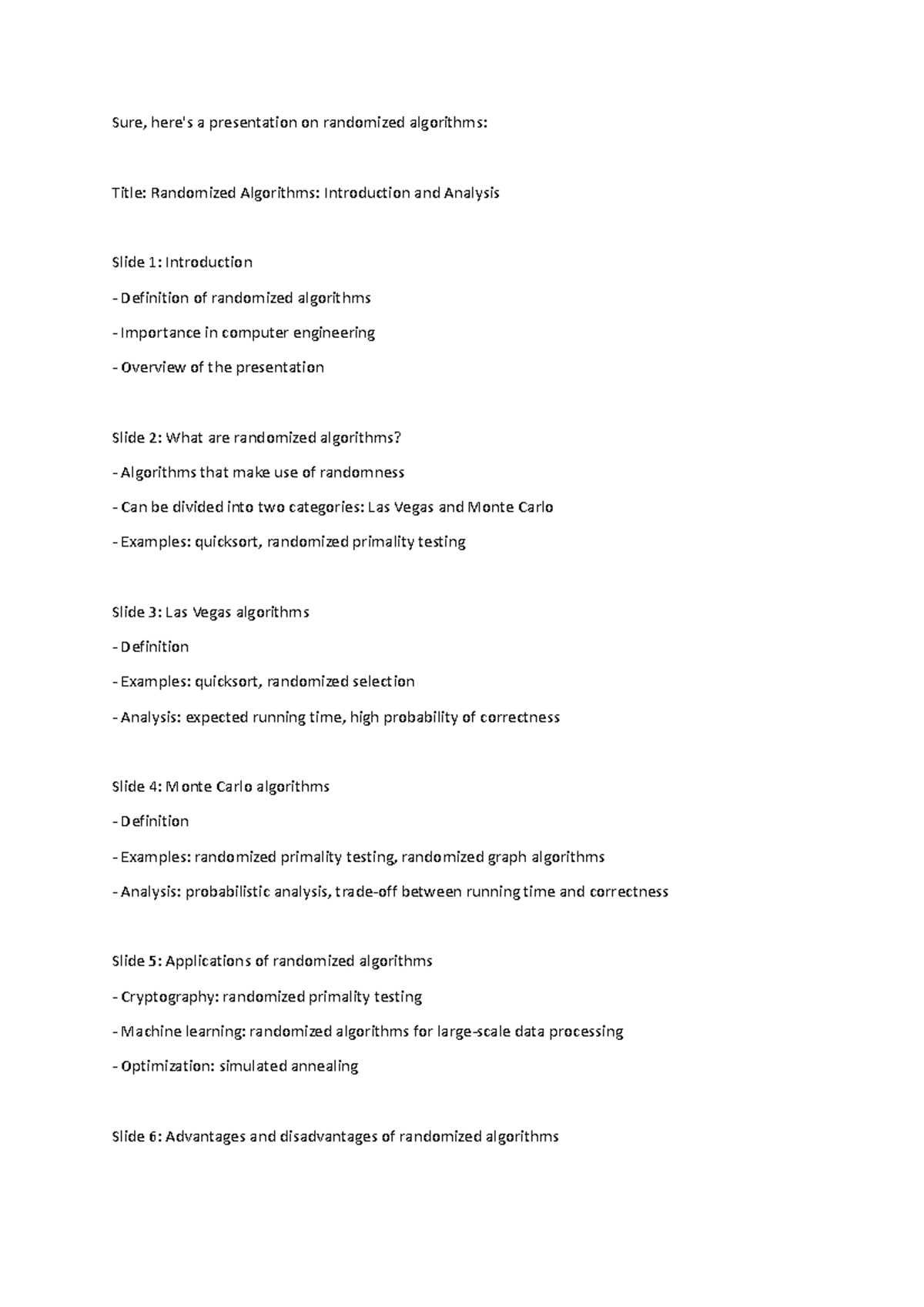 Algo - Sure, here's a presentation on randomized algorithms: Title: Randomized Algorithms: - Studocu