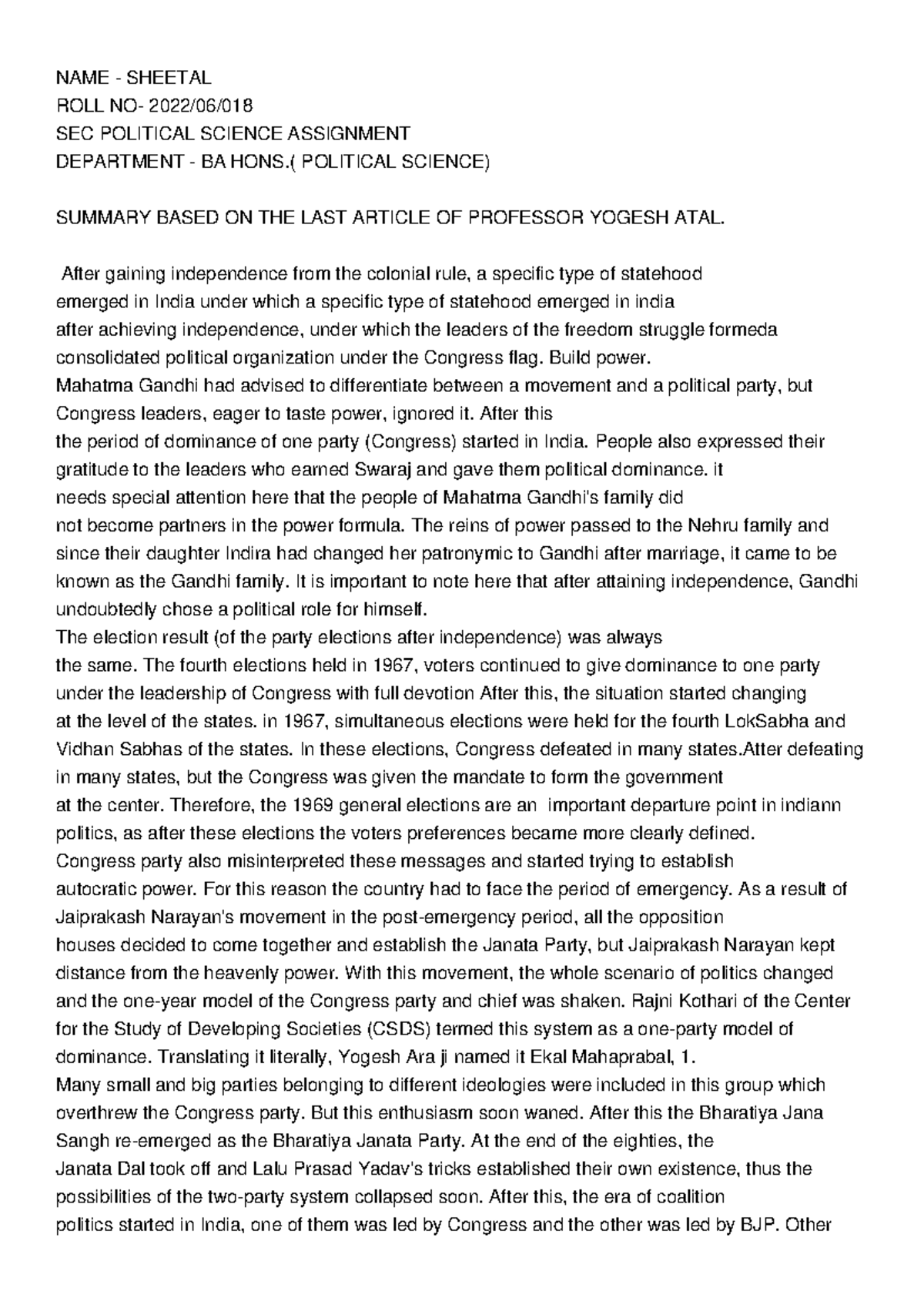 SEC Political Science Assignment - BA(P) political science - Delhi ...