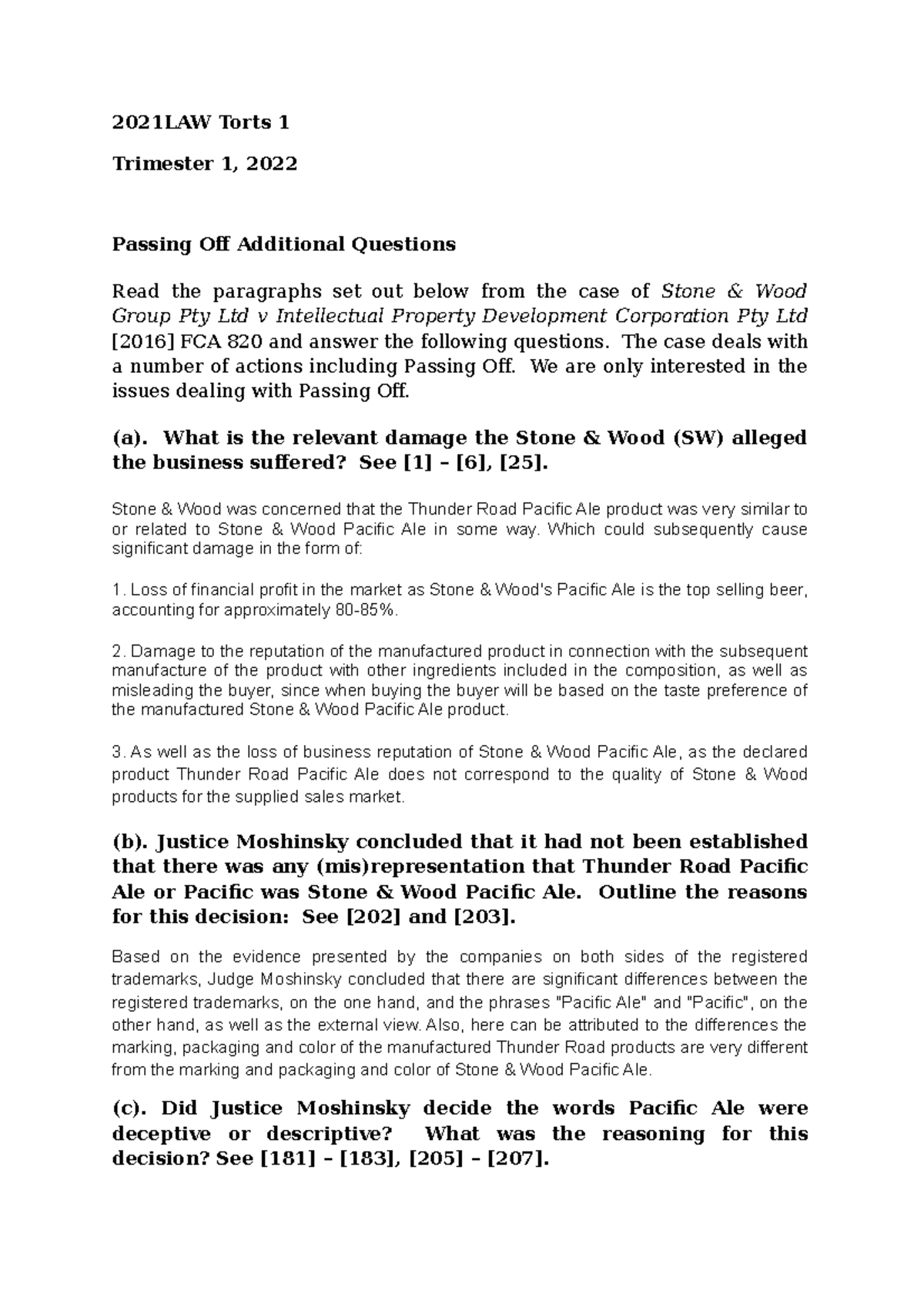 Passing Off Additional Questions - 2021LAW Torts 1 Trimester 1, 2022 Passing Off Additional ...