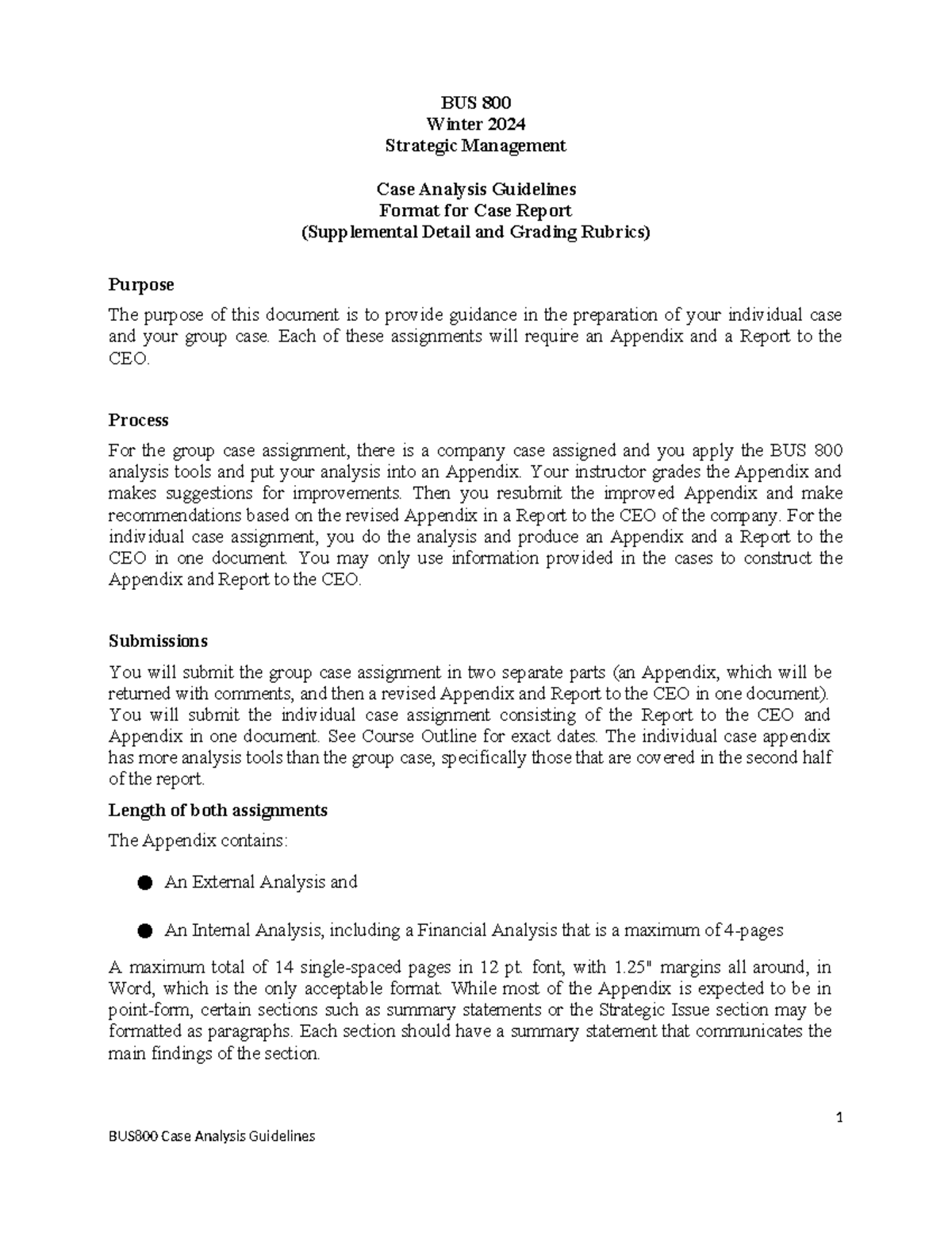 BUS800 W24 Case Analysis Guidelines - BUS 800 Winter 2024 Strategic Management Case Analysis ...