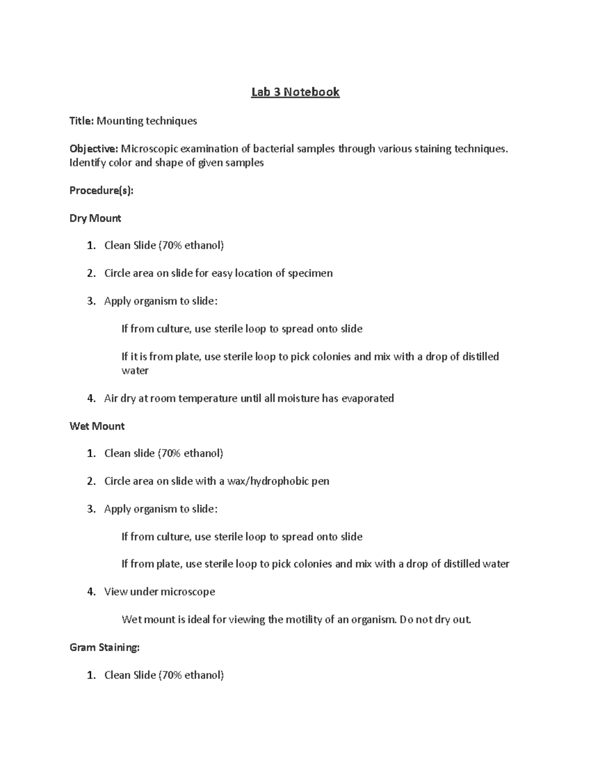Laboratory three - Lab 3 Notebook Title: Mounting techniques Objective ...