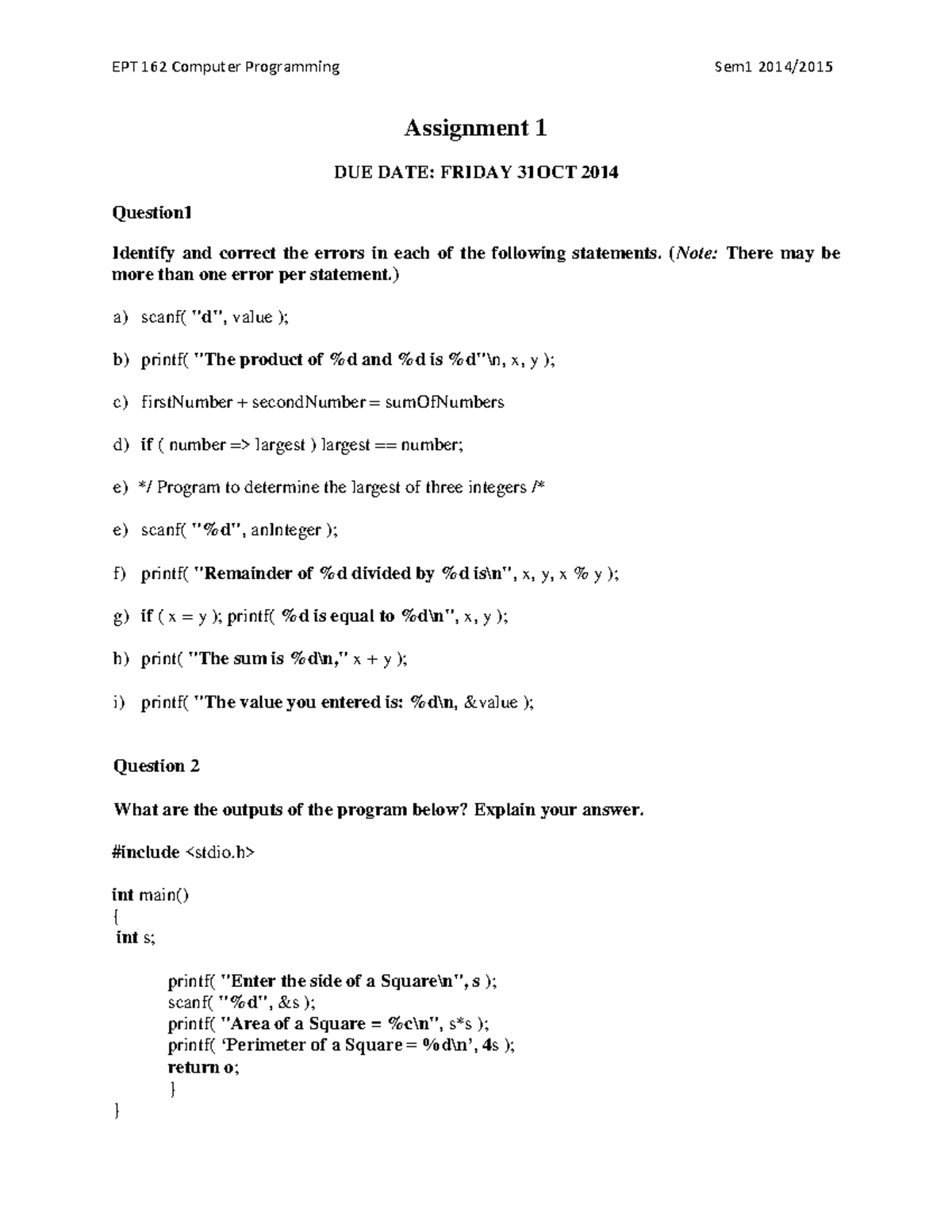 Assignment 1- identify error - EPT 162 Computer Programming Sem1 2014 ...