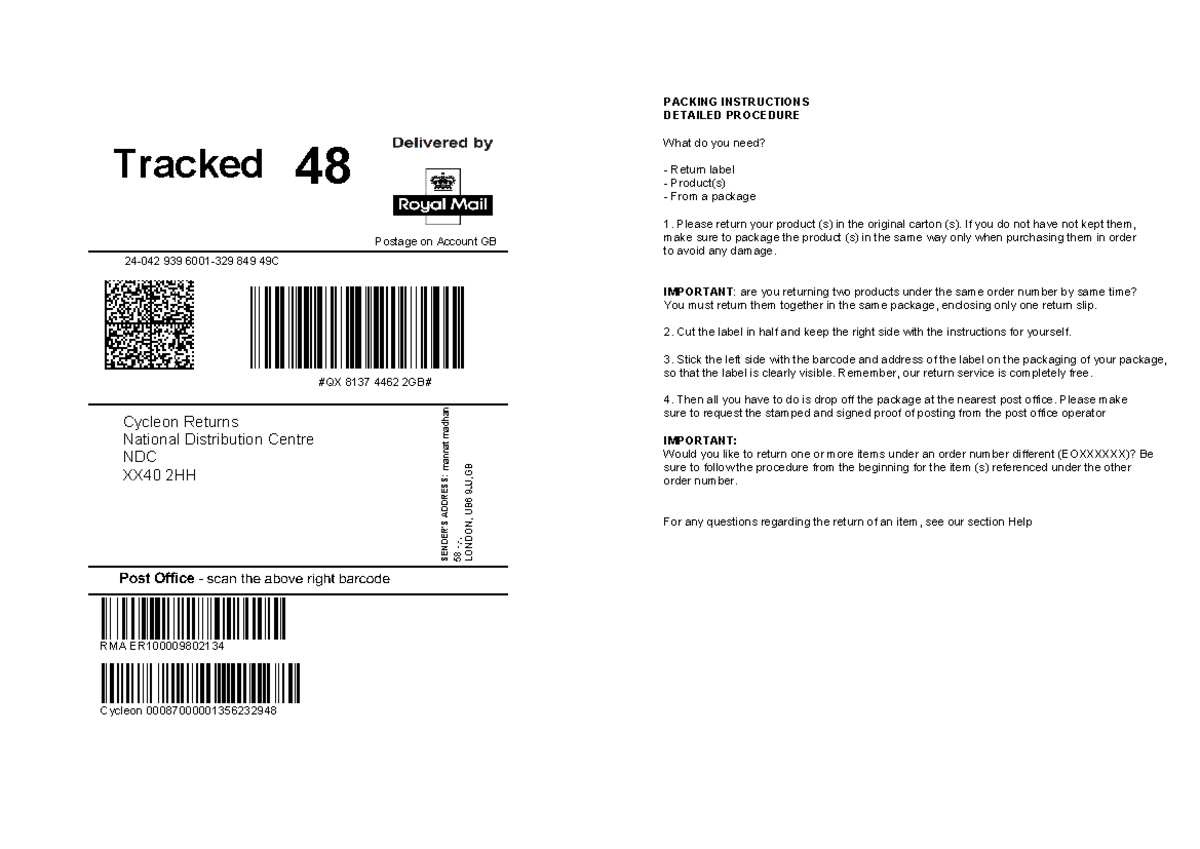 Return Label - aaaa - Tracked 48 Postage on Account GB #QX 8137 4462 ...