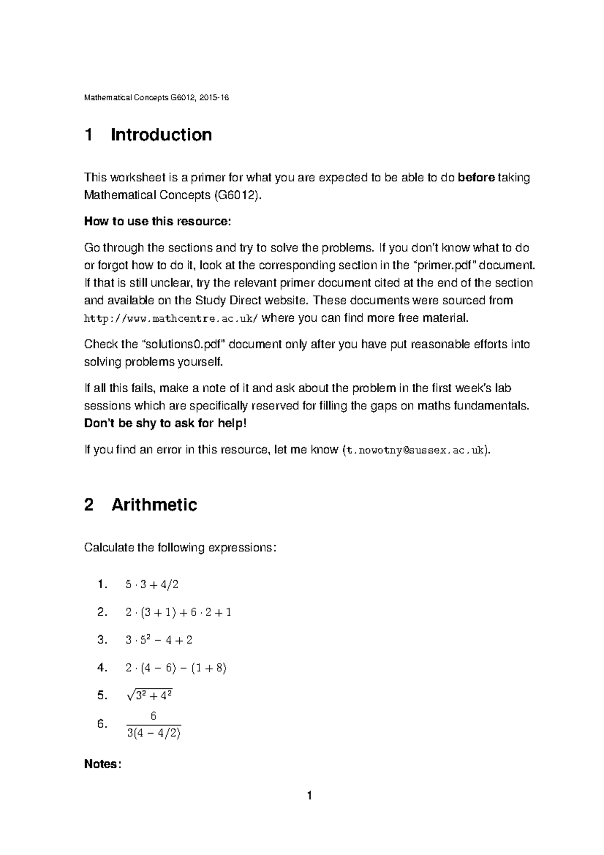 Primer worksheet - Mathematical Concepts G6012, 2015-16 1 Introduction ...