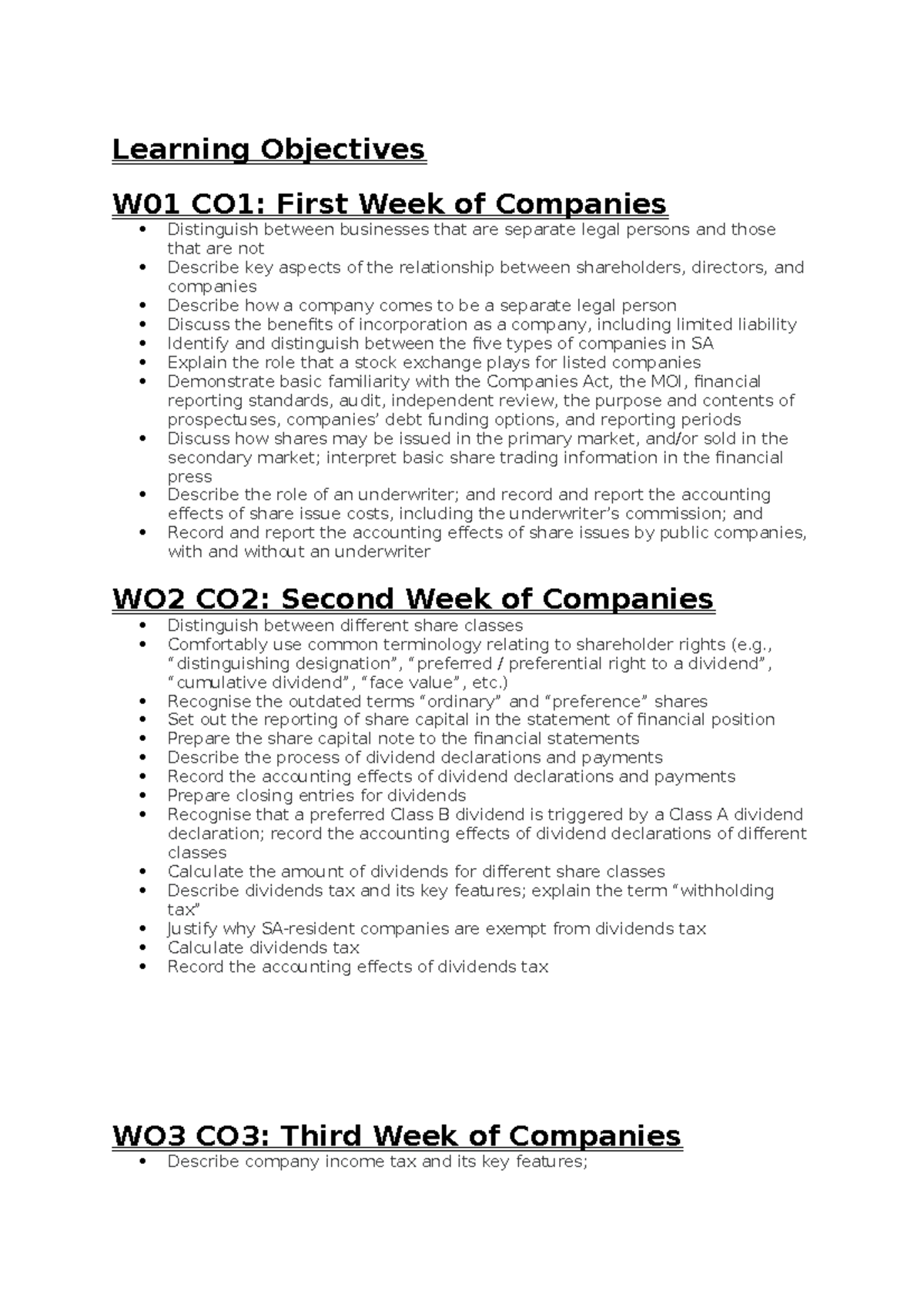 Weekly Objectives - A summary/ list of all the things you need to know ...