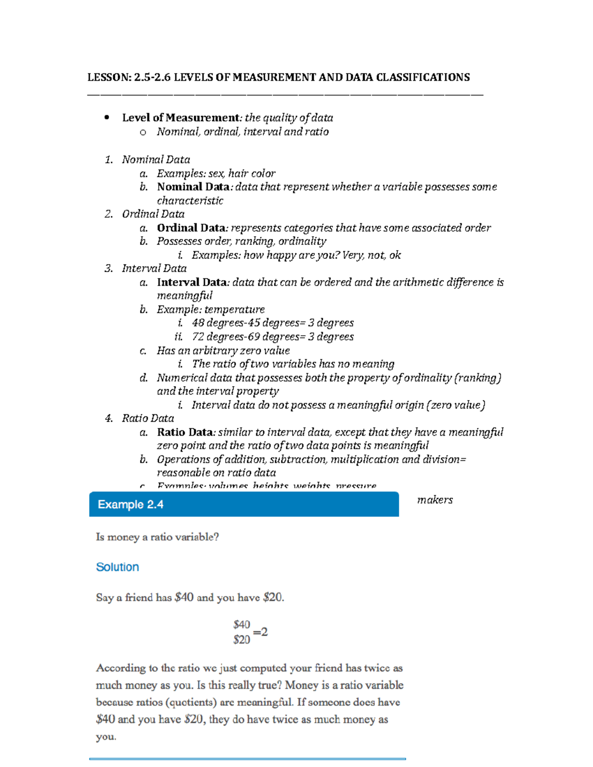 Test1studyguide - LESSON: LEVELS OF MEASUREMENT AND DATA ...
