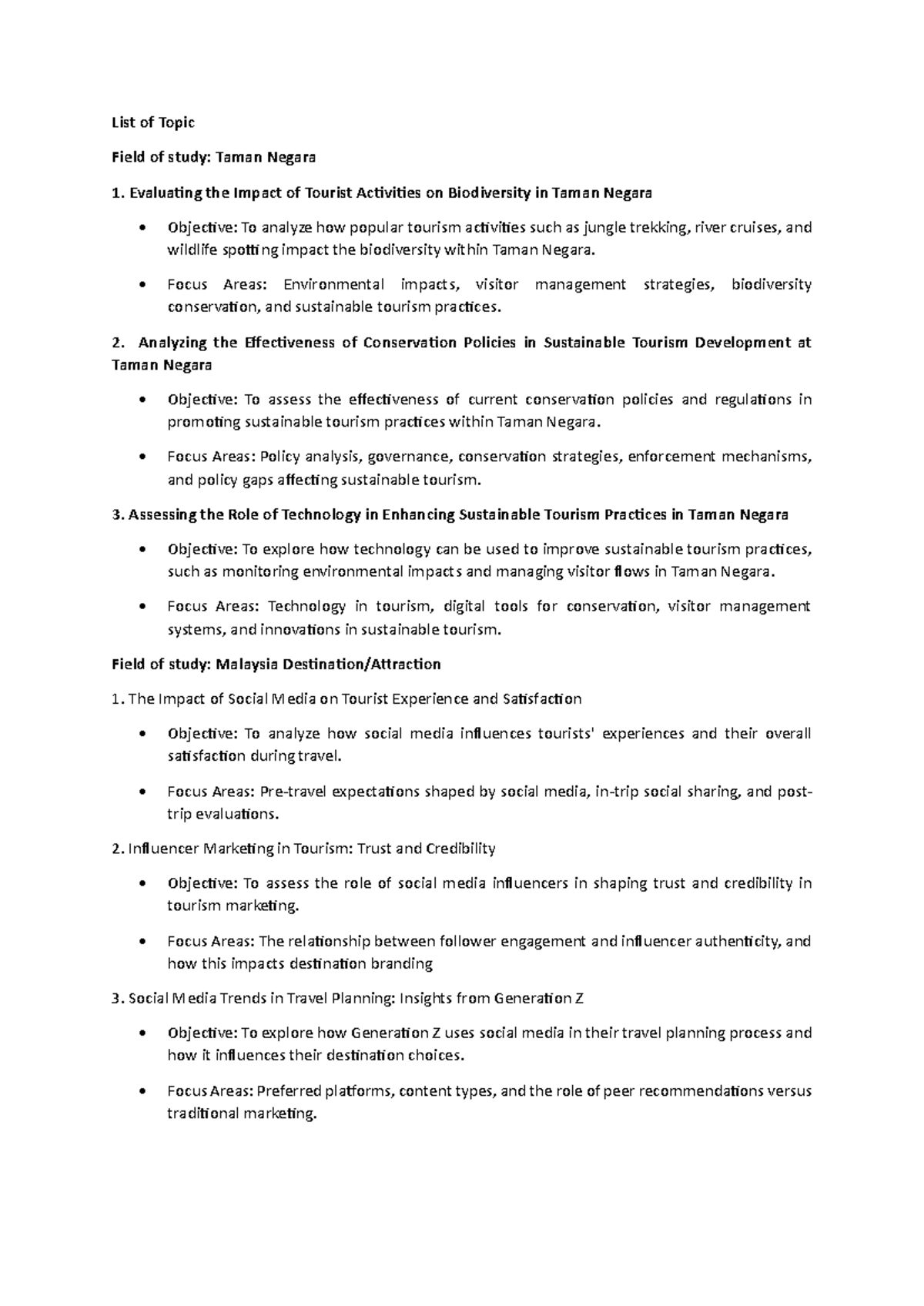 Research Methods Topics - List of Topic Field of study: Taman Negara ...