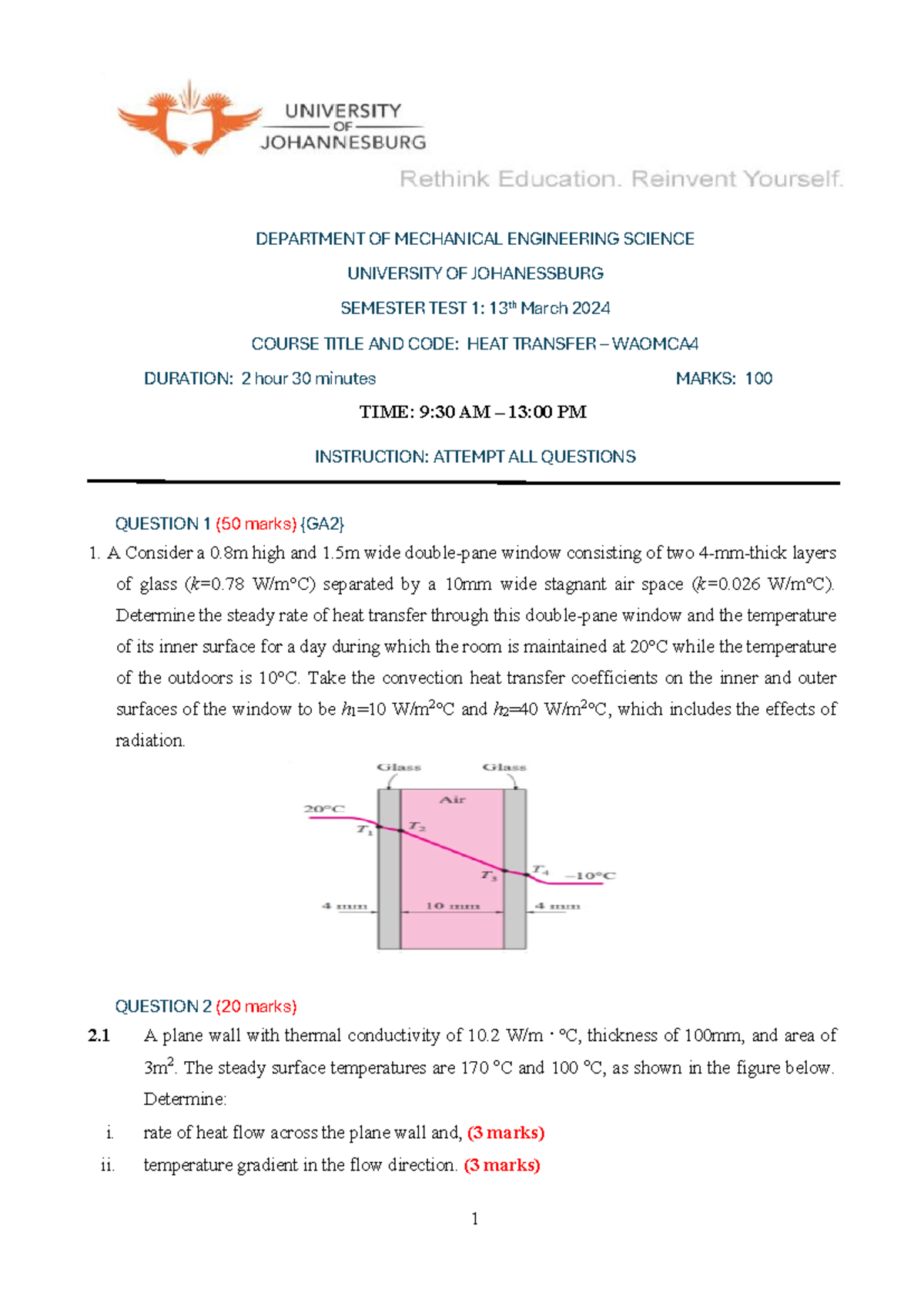 Heat Transfer - Test 1 - 2024 - 1 DEPARTMENT OF MECHANICAL ENGINEERING ...