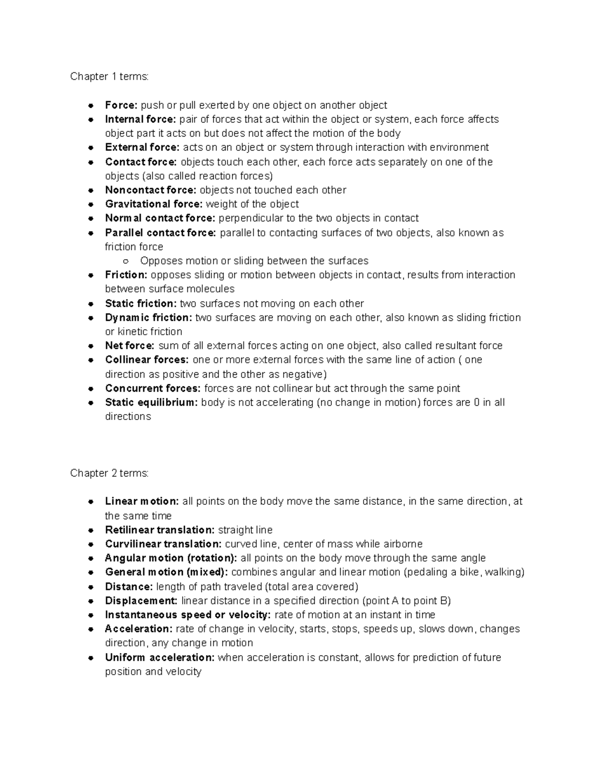 EXSC 448 Exam 1 study guide - Chapter 1 terms: Force: push or pull ...