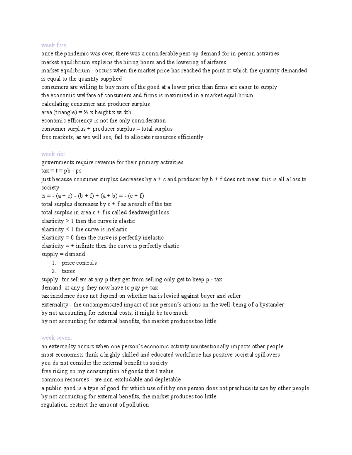 Economics 20A 5-10 Notes - week five: once the pandemic was over, there ...