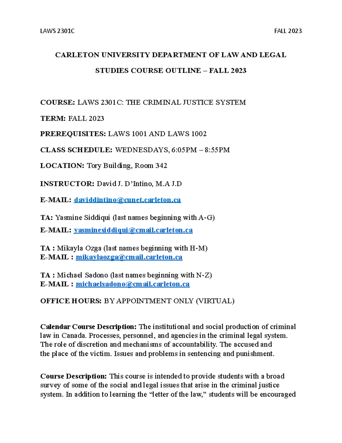 D'Intino David - LAWS 2301C Outline - Fall 2023 - Final - CARLETON ...