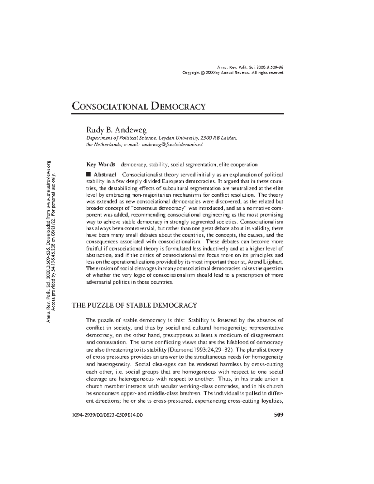Consociational Democracy - ? Annu. Rev. Polit. Sci. 2000. 3:509 ...