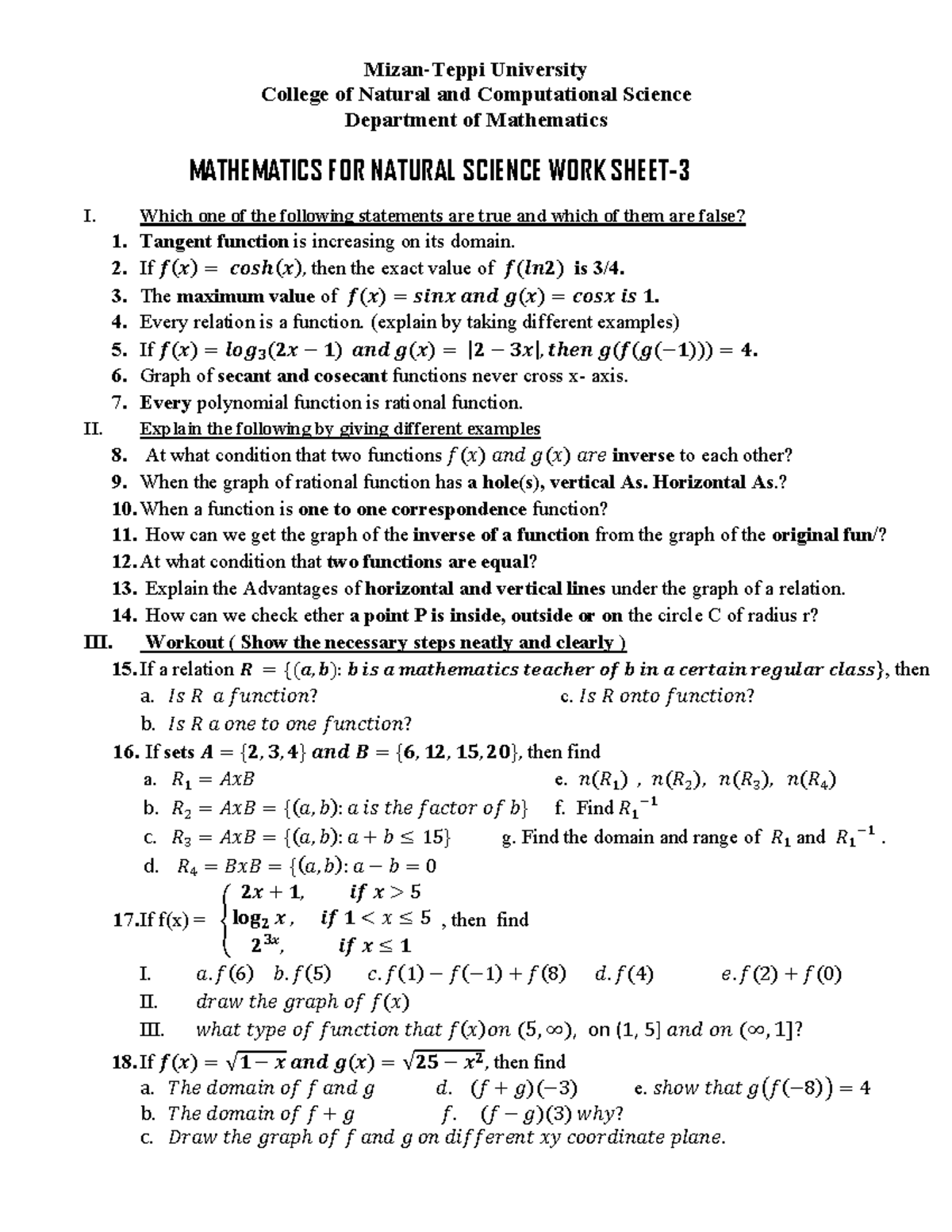 Worksheet 3 of Mathematics for Natural Science - Mizan - Teppi ...