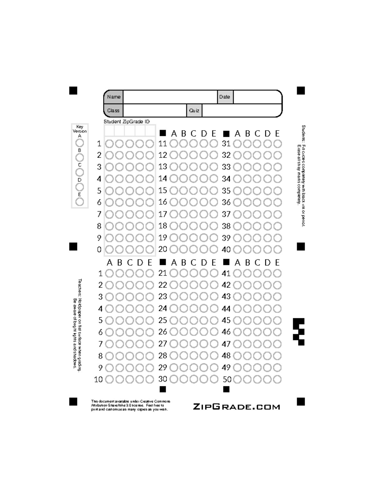 Zip Grade-50 - zzzzz - Name Class Date Quiz Students: Fill circles ...