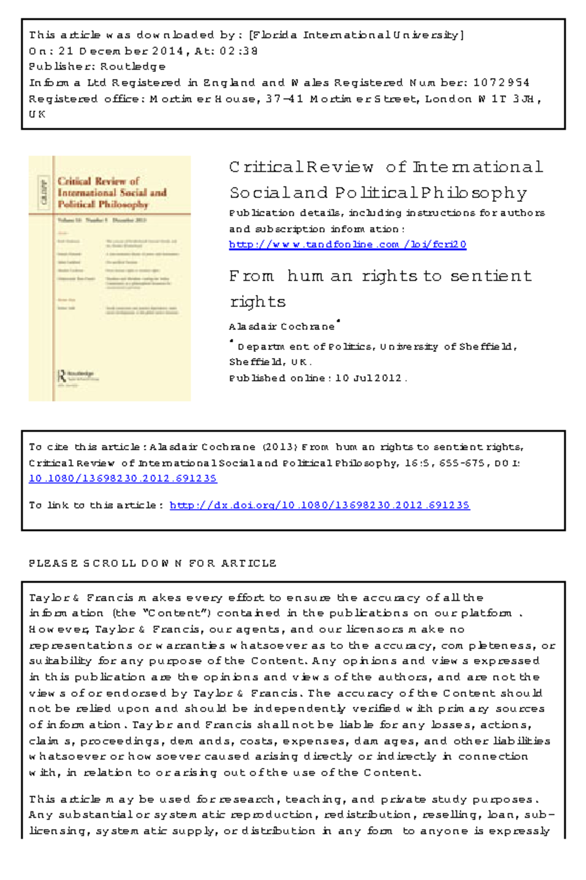 Cochrane from human to sentient rights - This art icle was downloaded ...