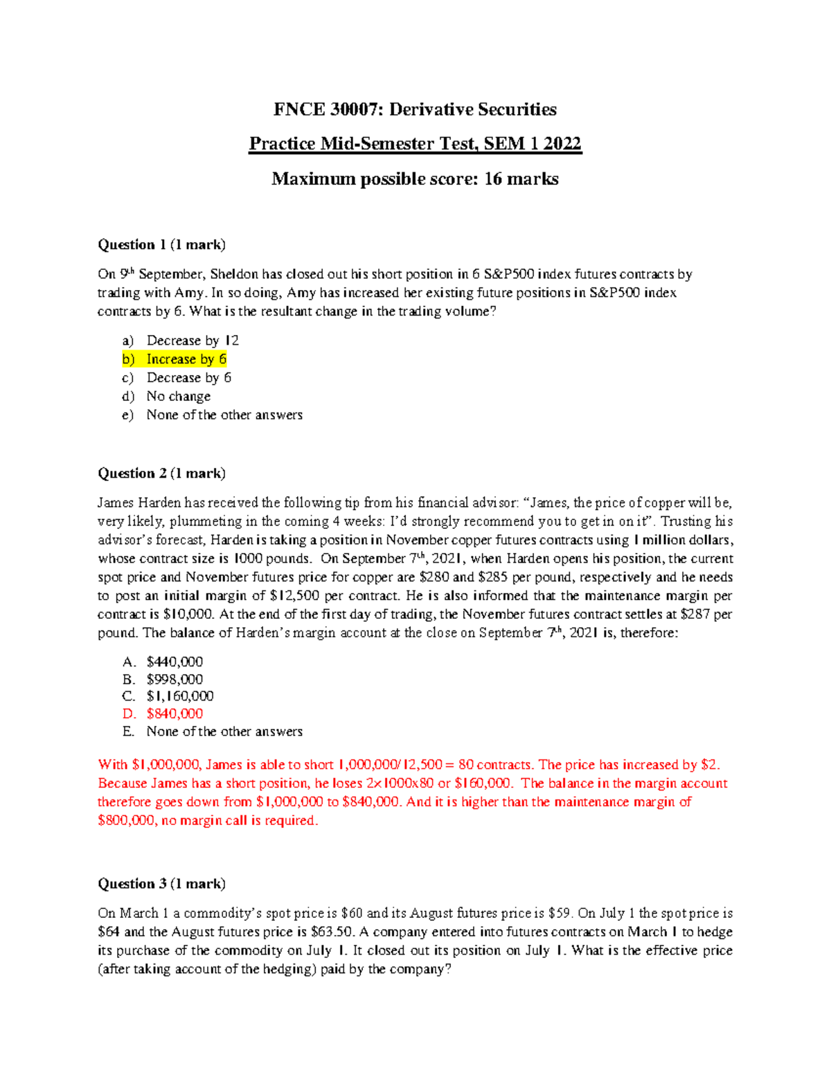MST practice 2022 with Answers - FNCE 30007: Derivative Securities ...