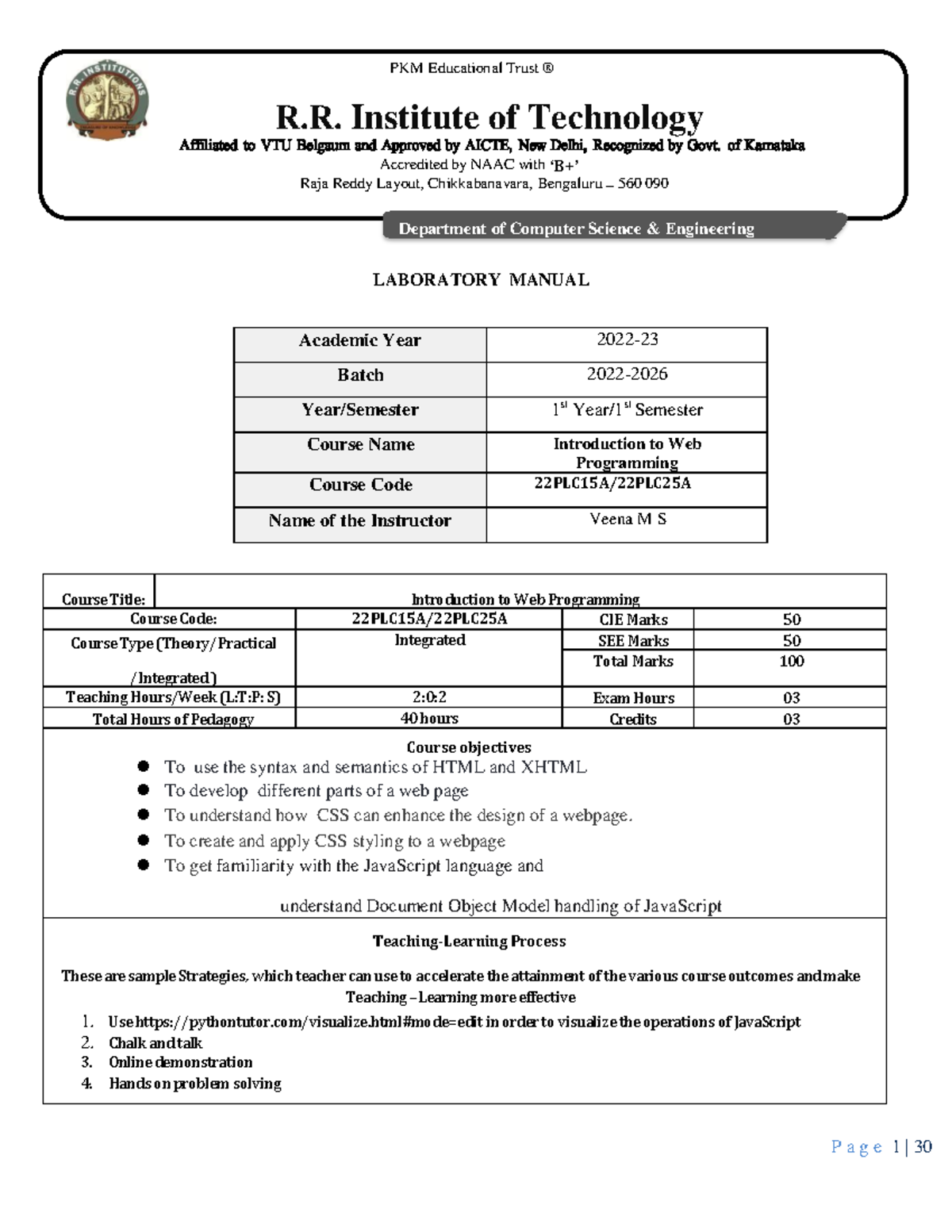 Web lab - LABORATORY MANUAL Academic Year 2022- Batch 2022- Year ...