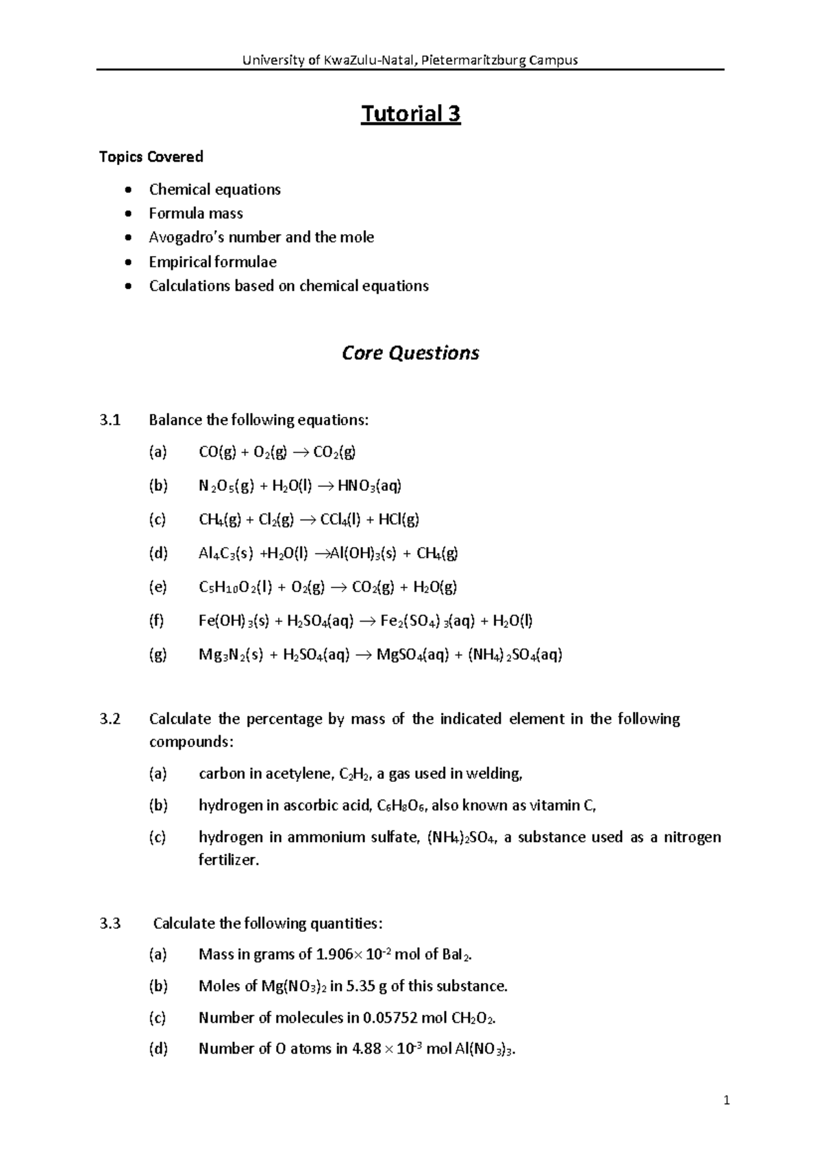CHEM110 Tutorial 3 2021 - Tutorial 3 Topics Covered • Chemical ...