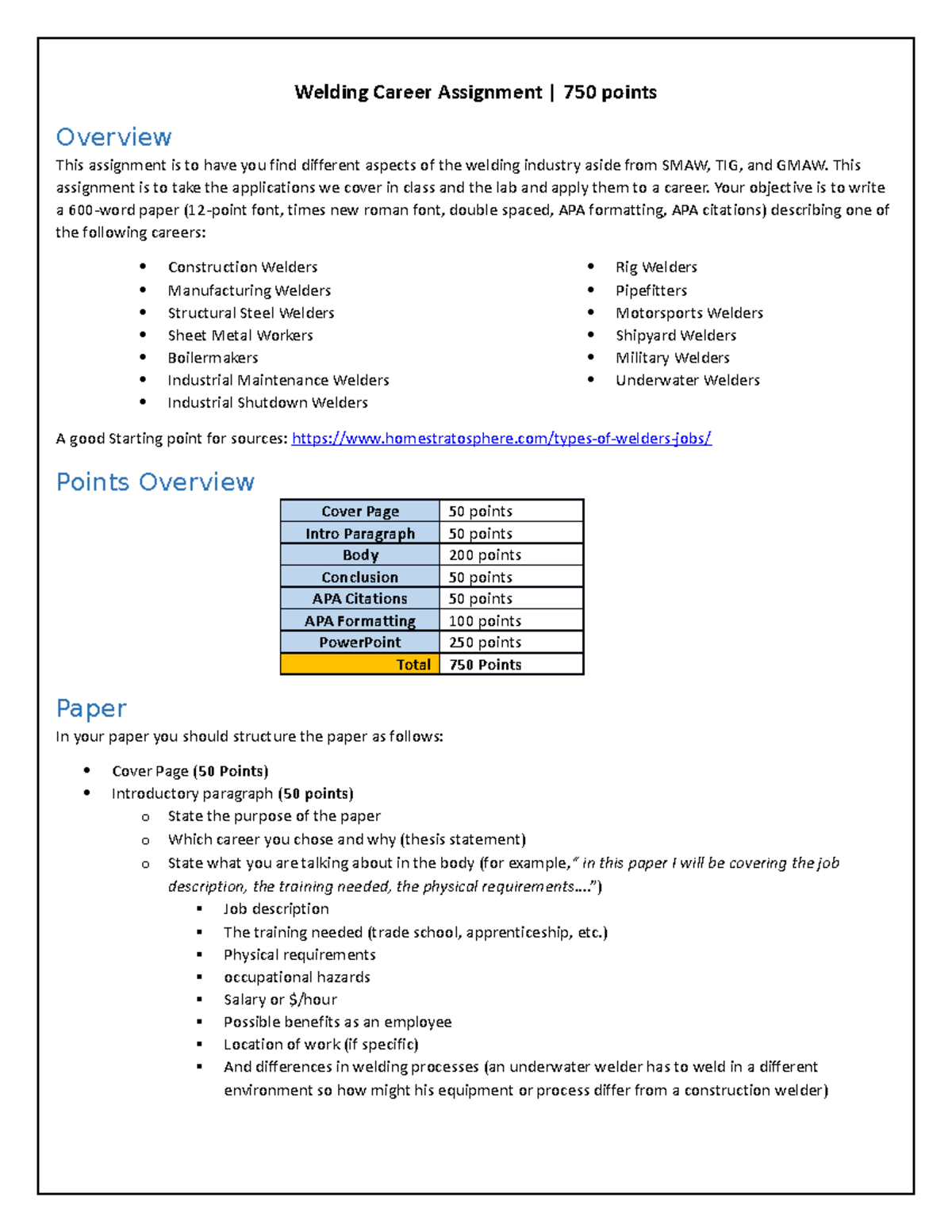 Welding Career Assignment - This assignment is to take the applications we cover in class and ...