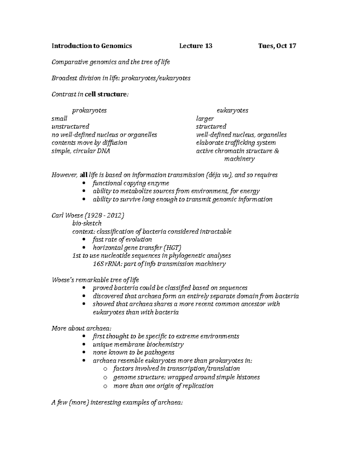Lecture 13 Outline - Introduction to Genomics Lecture 13 Tues, Oct 17 ...