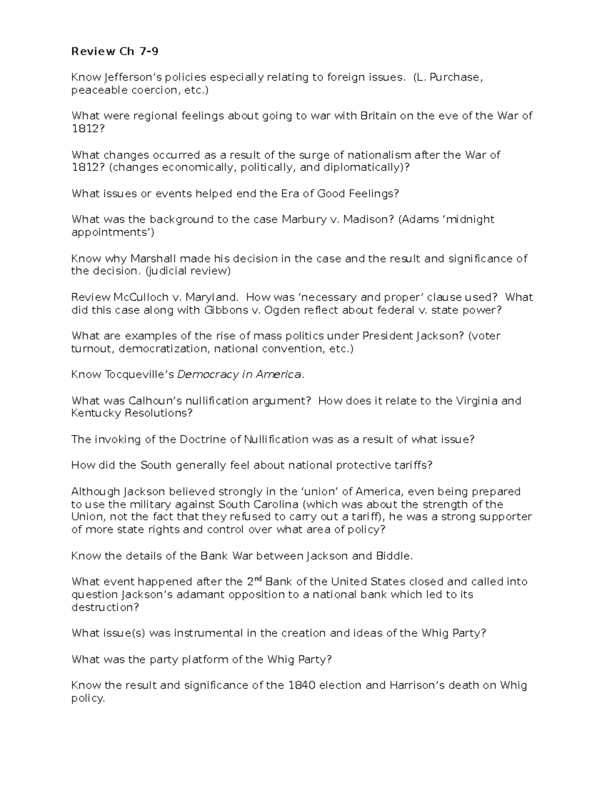 Review Ch 7-9: The war of 1812 and political parties - Review Ch 7 ...