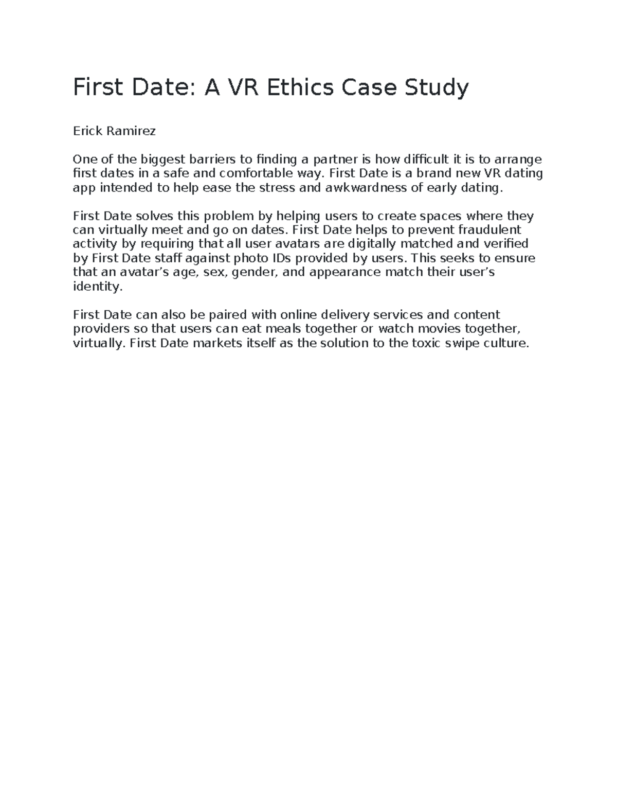 3 VR Ethics First Date Case - First Date: A VR Ethics Case Study Erick ...