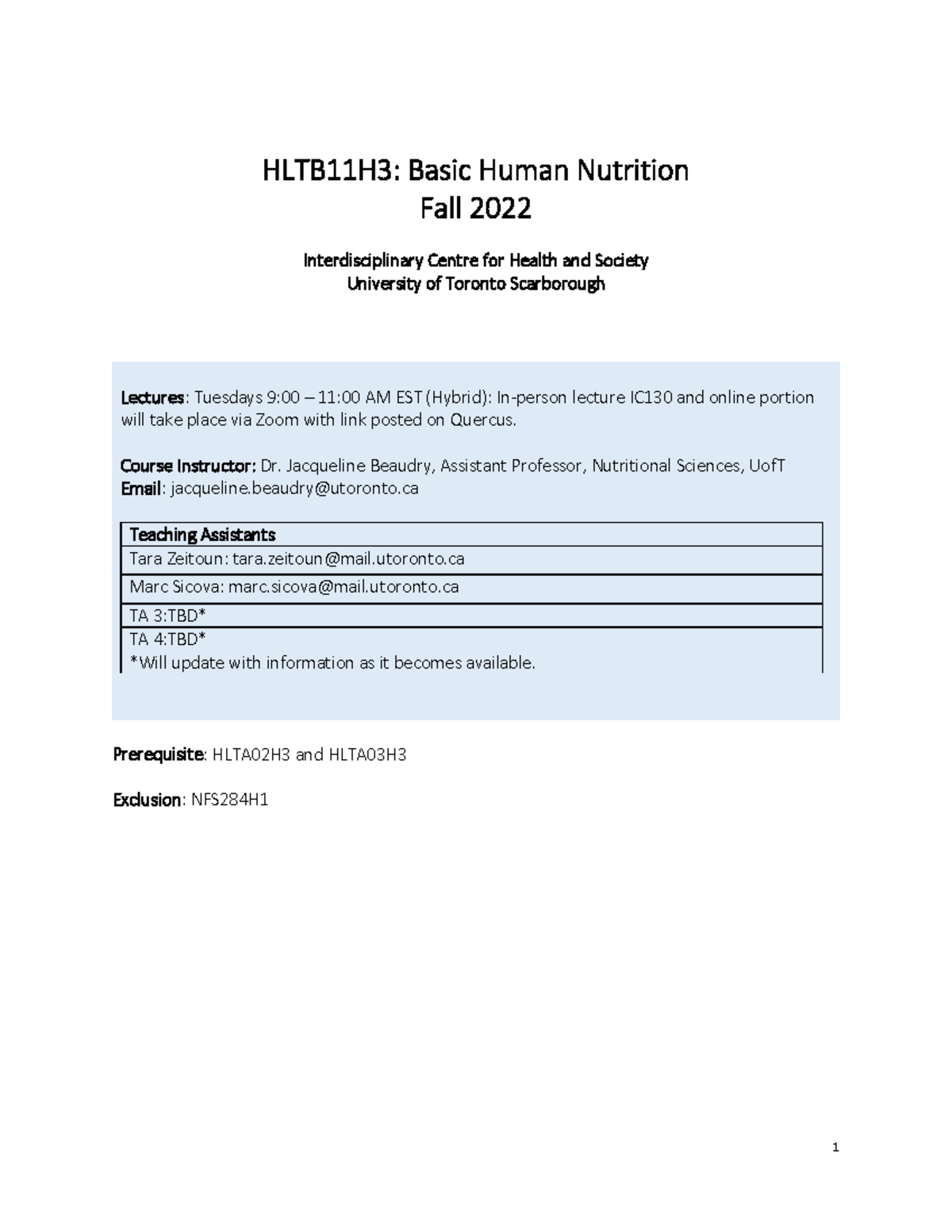 HLTB11H3 Syllabus 2022Fall JB-v2-3 - HLTB1 1 H 3 : Basic Human ...