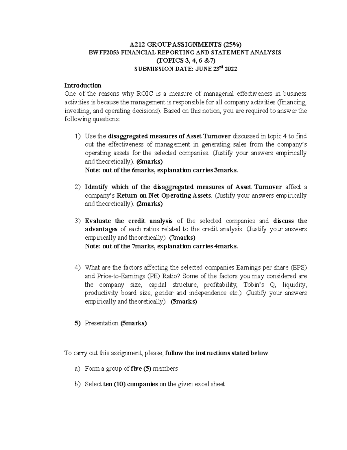 2053 Group Assignment - A212 GROUP ASSIGNMENTS (25%) BWFF2053 FINANCIAL ...