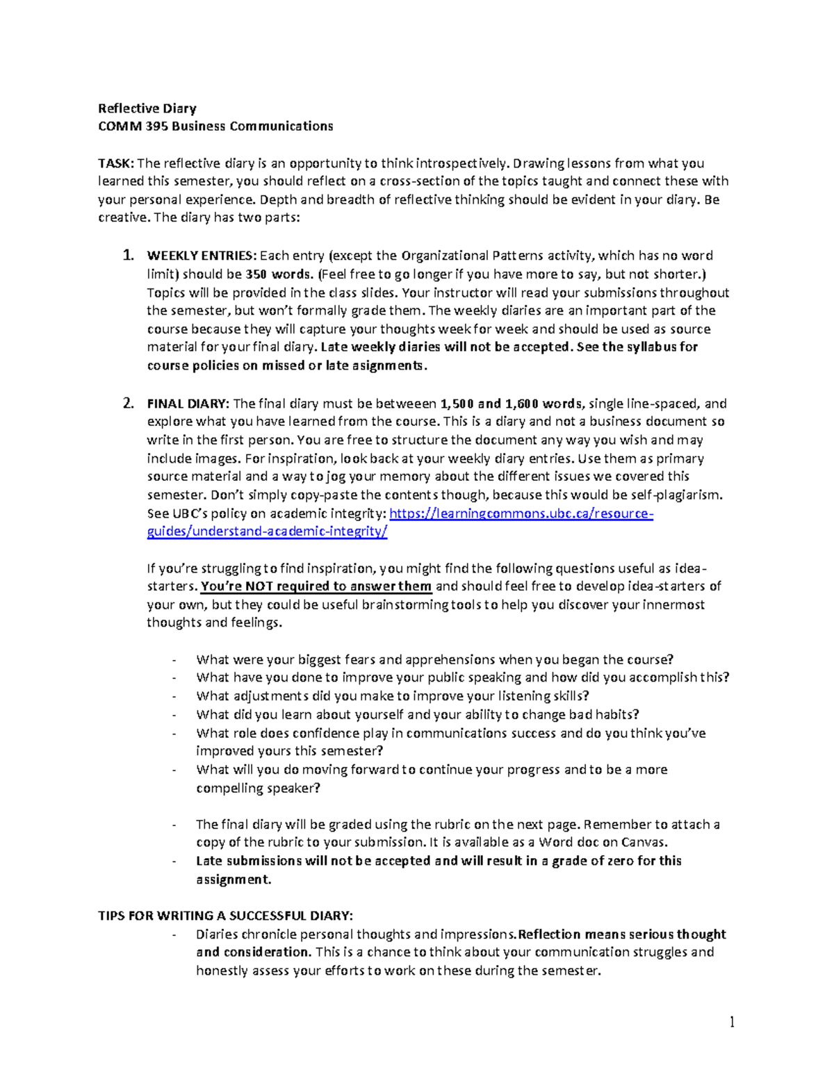 Reflective Diary Instructions - 1 Reflective Diary COMM 395 Business ...