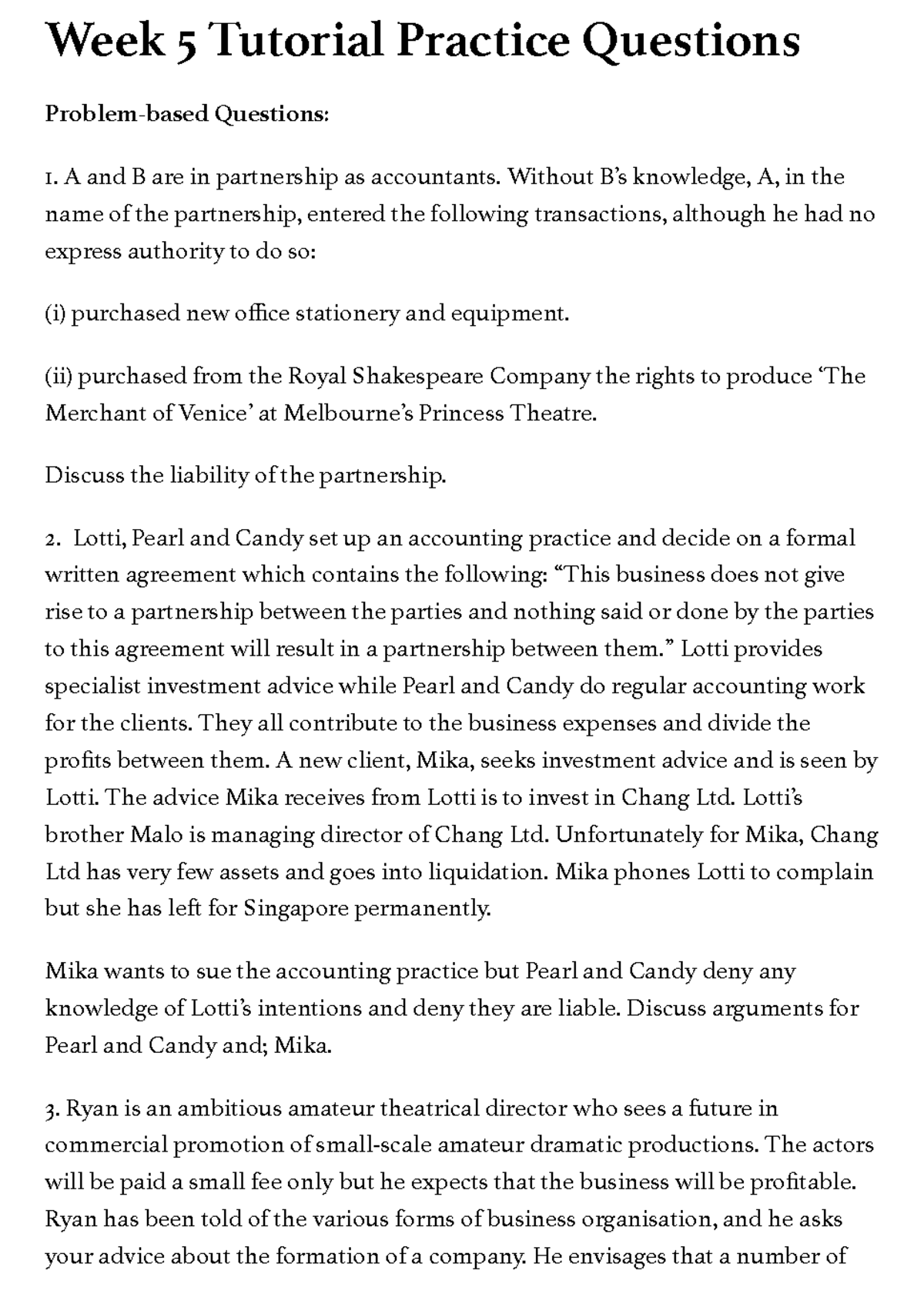 Week 5 Tutorial Practice Questions - Week 5 Tutorial Practice Questions Problem-based Questions ...