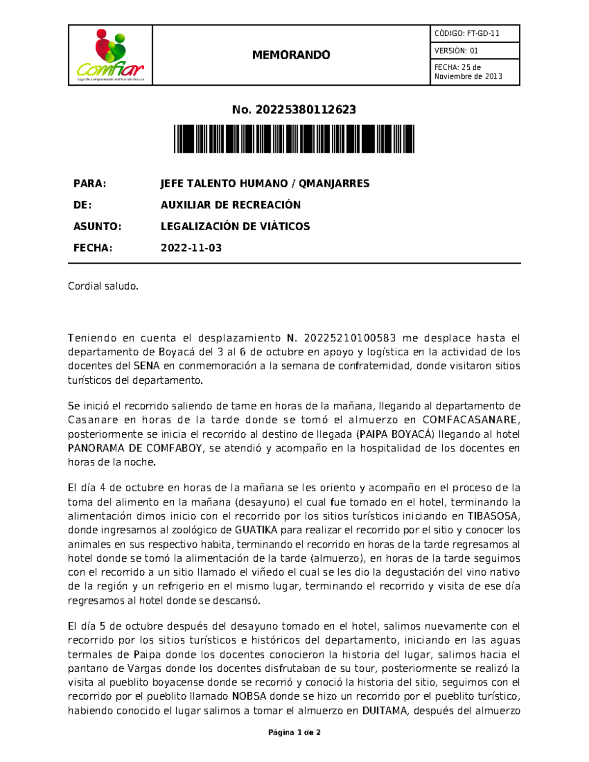 20225380112623 - hvkebvkdfhvaekfnve - MEMORANDO CÓDIGO: FT-GD- VERSIÓN: 01 FECHA: 25 de ...