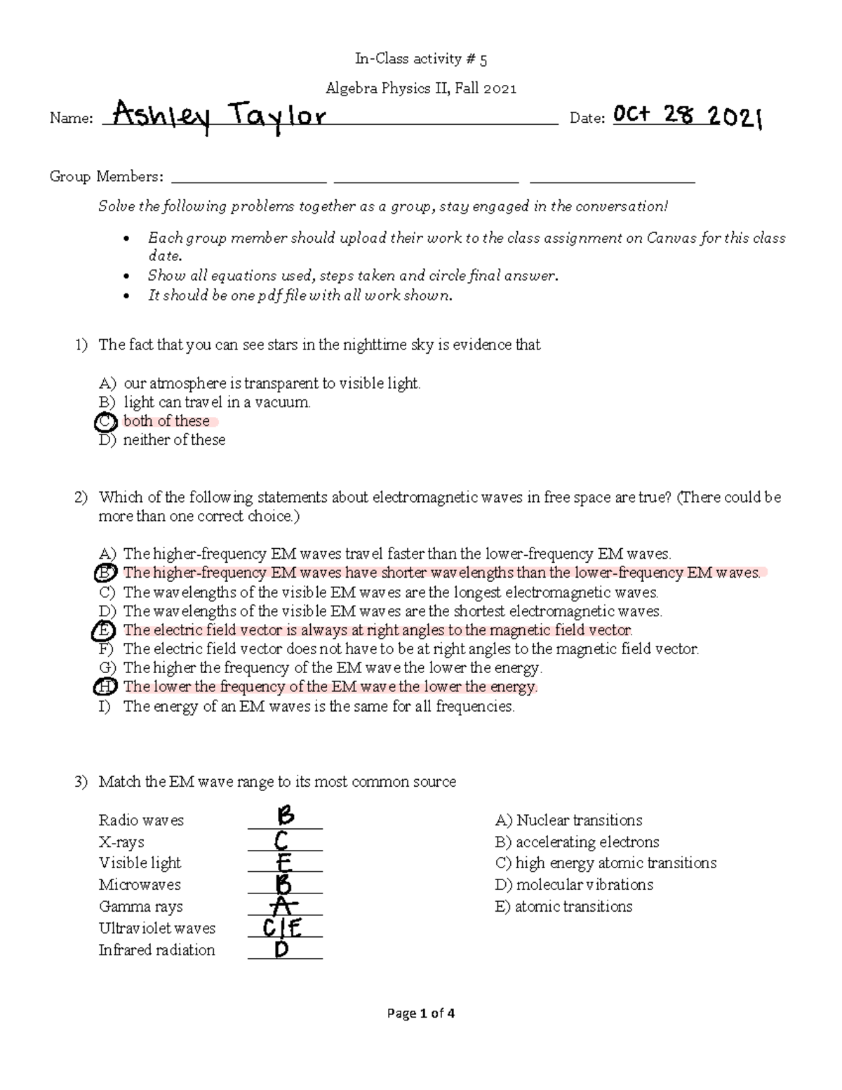In Class Activity 5 - Page 1 of 4 In-Class activity # 5 Algebra Physics ...