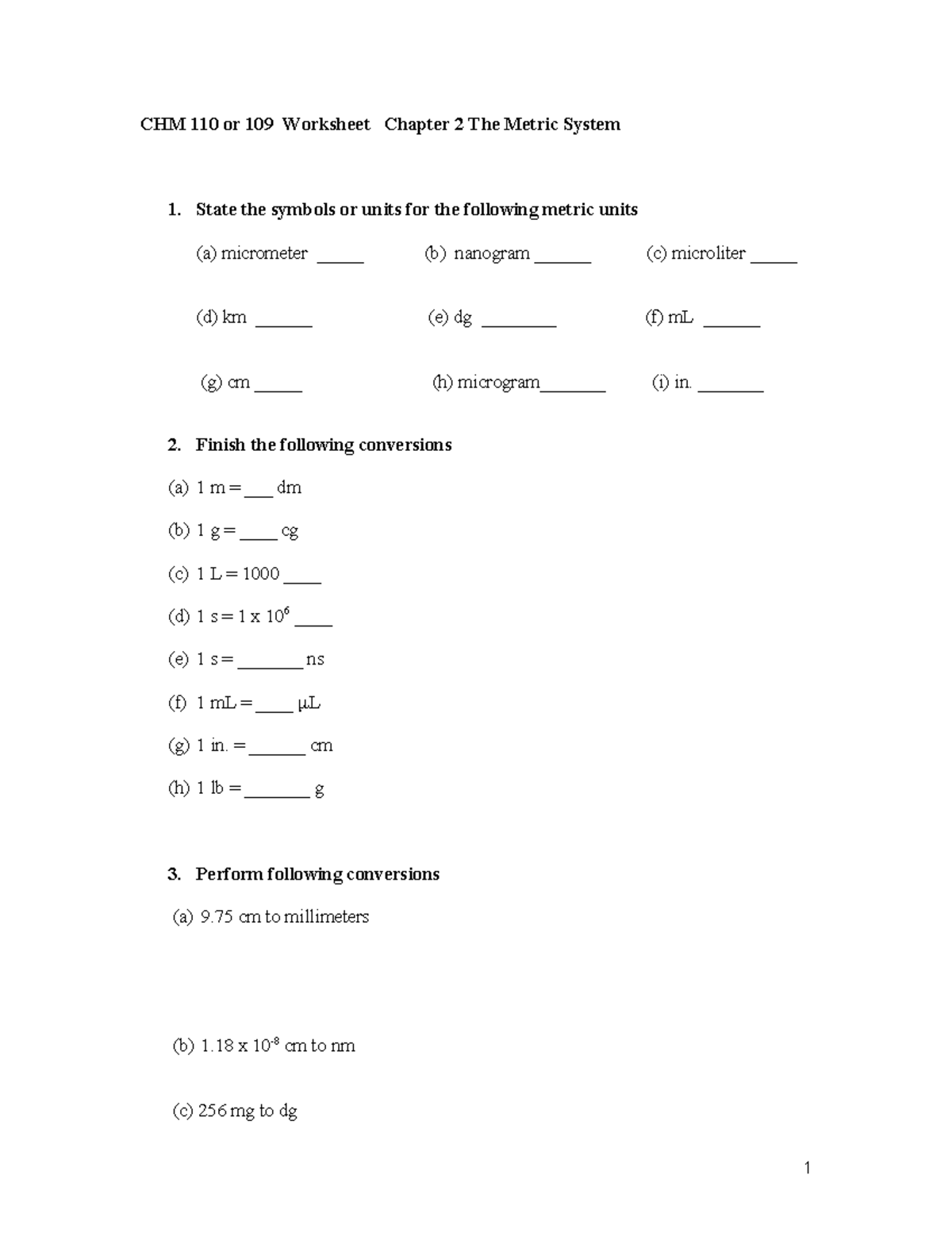 02 Worksheet to Chapter 2 metric system - CHM 110 or 109 Worksheet ...