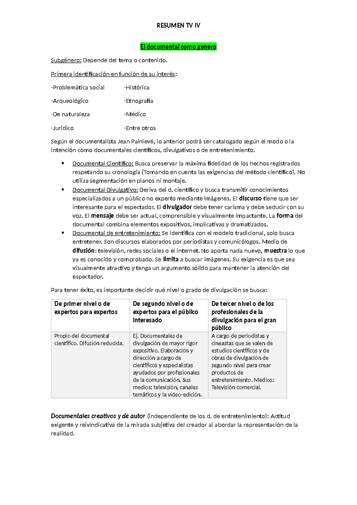 Resumen tv4 - El documental como genero Subgénero: Depende del tema o ...