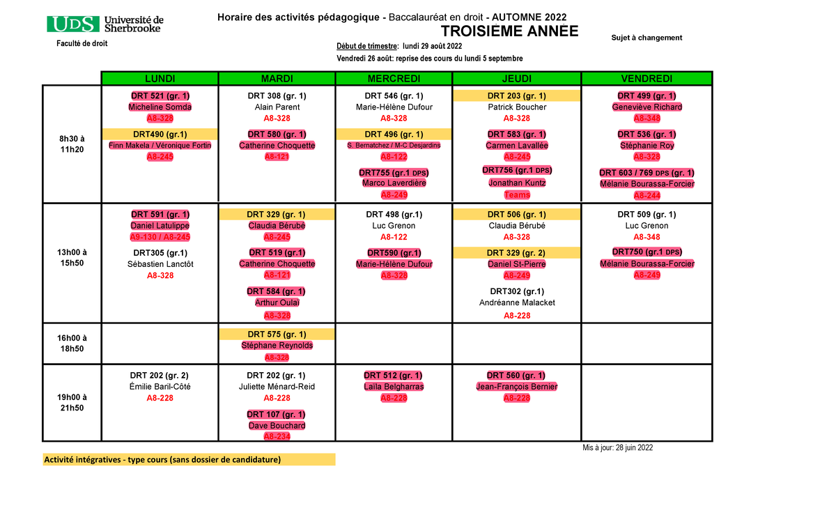 A22 Horaire Cours 3e année choix de cours - LUNDI MARDI MERCREDI JEUDI VENDREDI DRT 521 (gr. 1 ...
