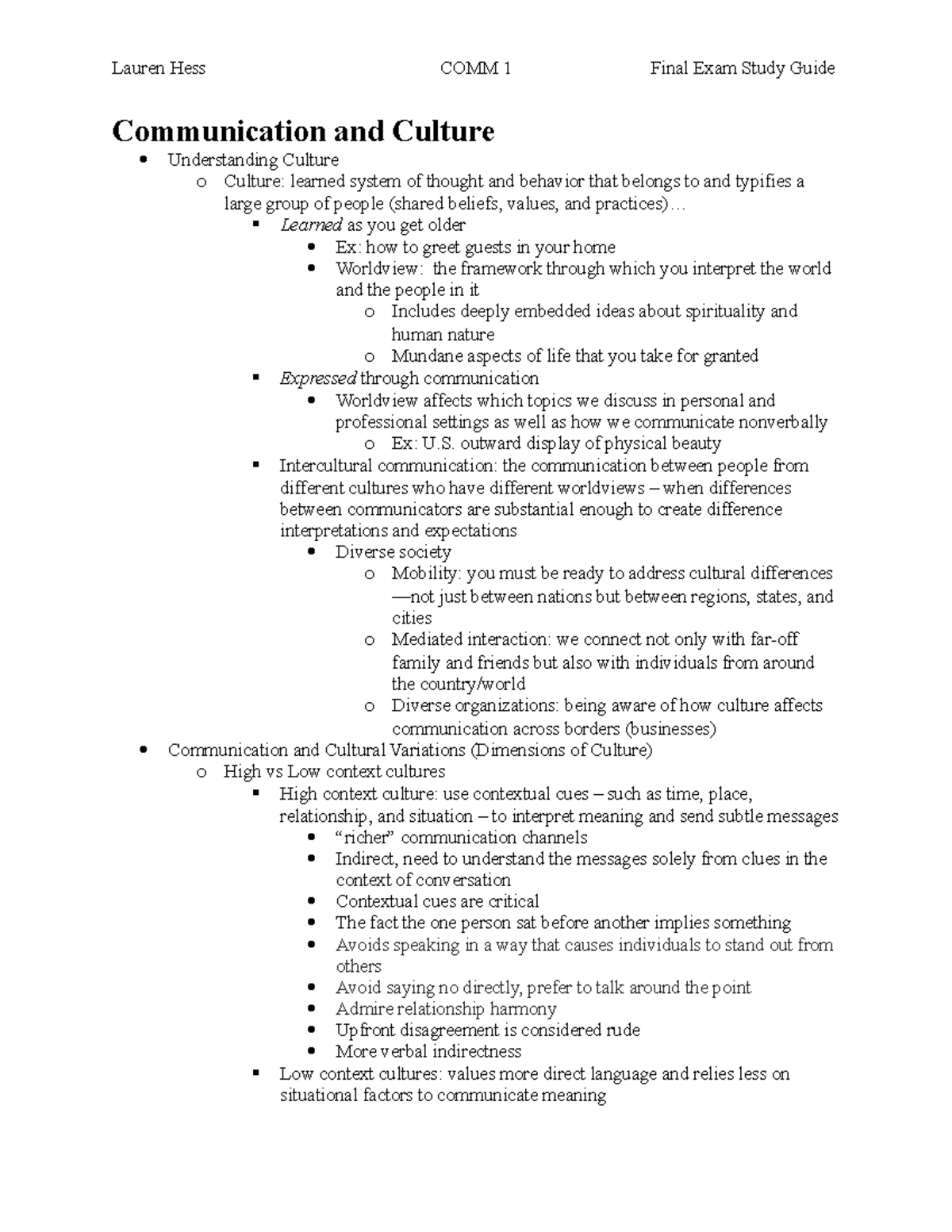 COMM 1 Final Exam Study Guide - Communication and Culture Understanding Culture o Culture ...