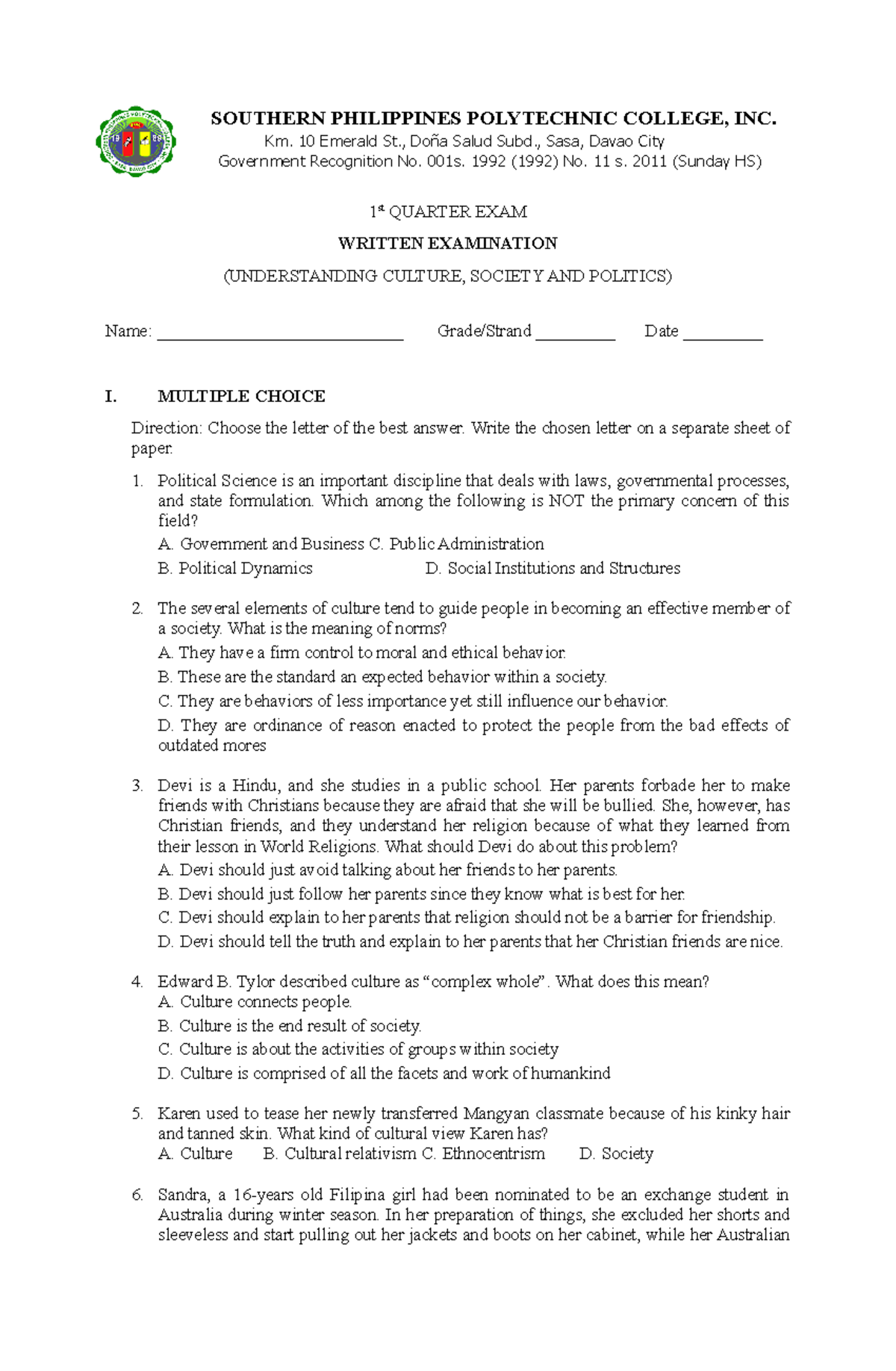 ABM-12-Exam-1st-Quarter - SOUTHERN PHILIPPINES POLYTECHNIC COLLEGE, INC ...