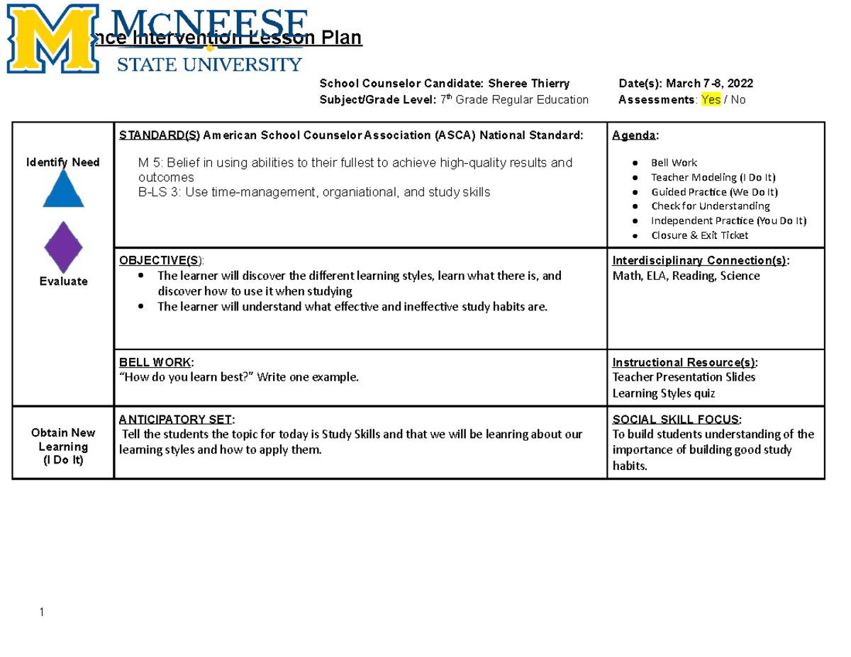 School Guidance Intervention Lesson Plan 2 - Guidance Intervention ...